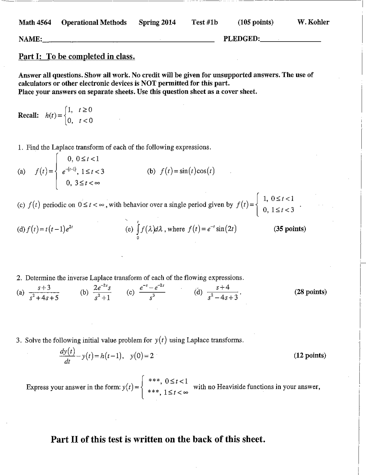 Problems On Ordinary Differential Equations Exam 1 Math 4564 Docsity