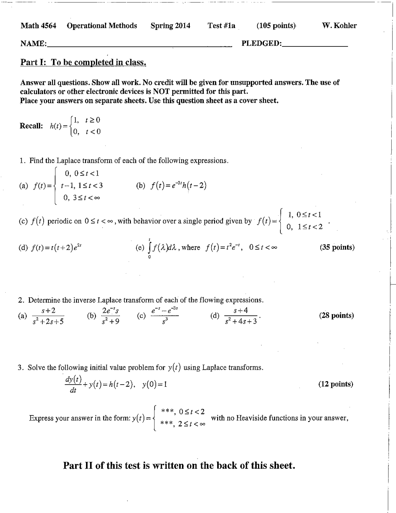 10 Questions On Operational Methods With Solution Test 1a Math 4564