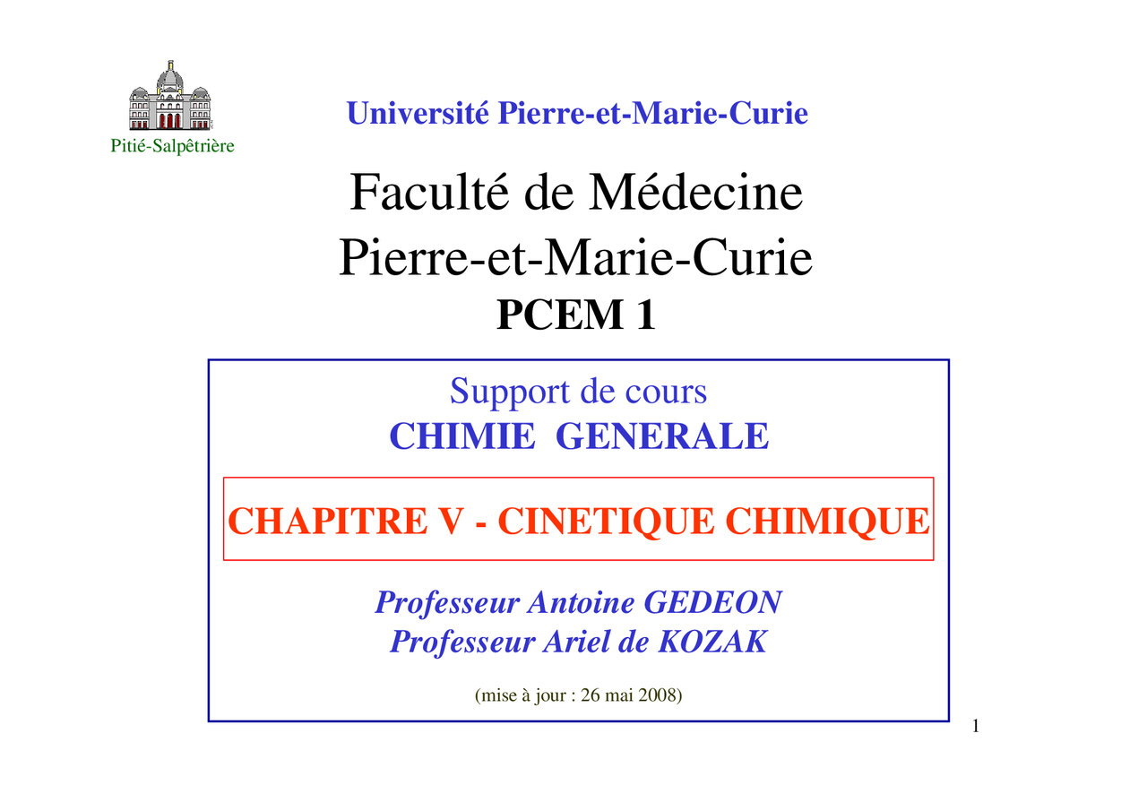 Notes Sur La Cénitique Chimique 1° Partie Docsity