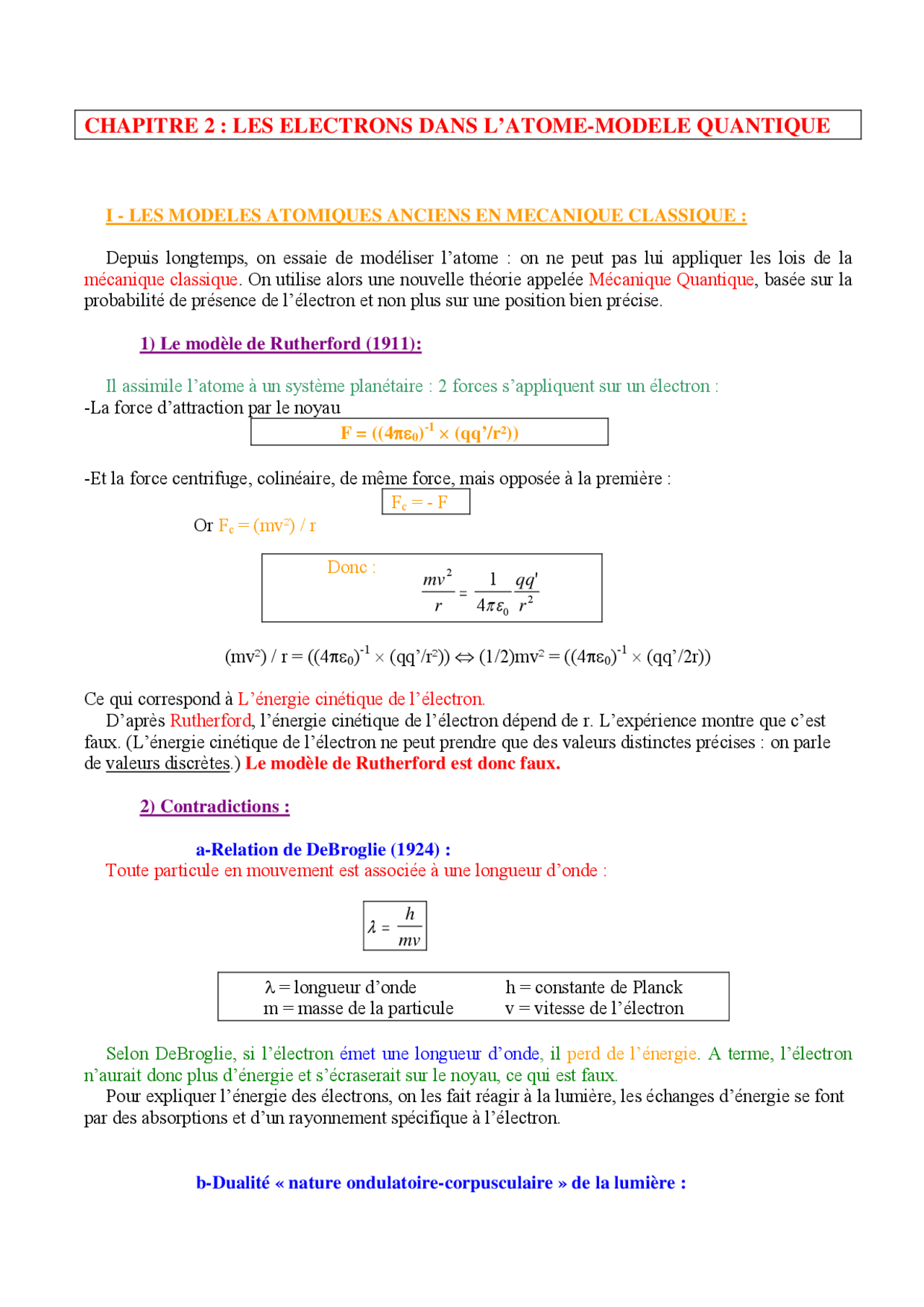 Notes Sur Les électrons Dans Latome Modèle Quantique 1° Partie Docsity