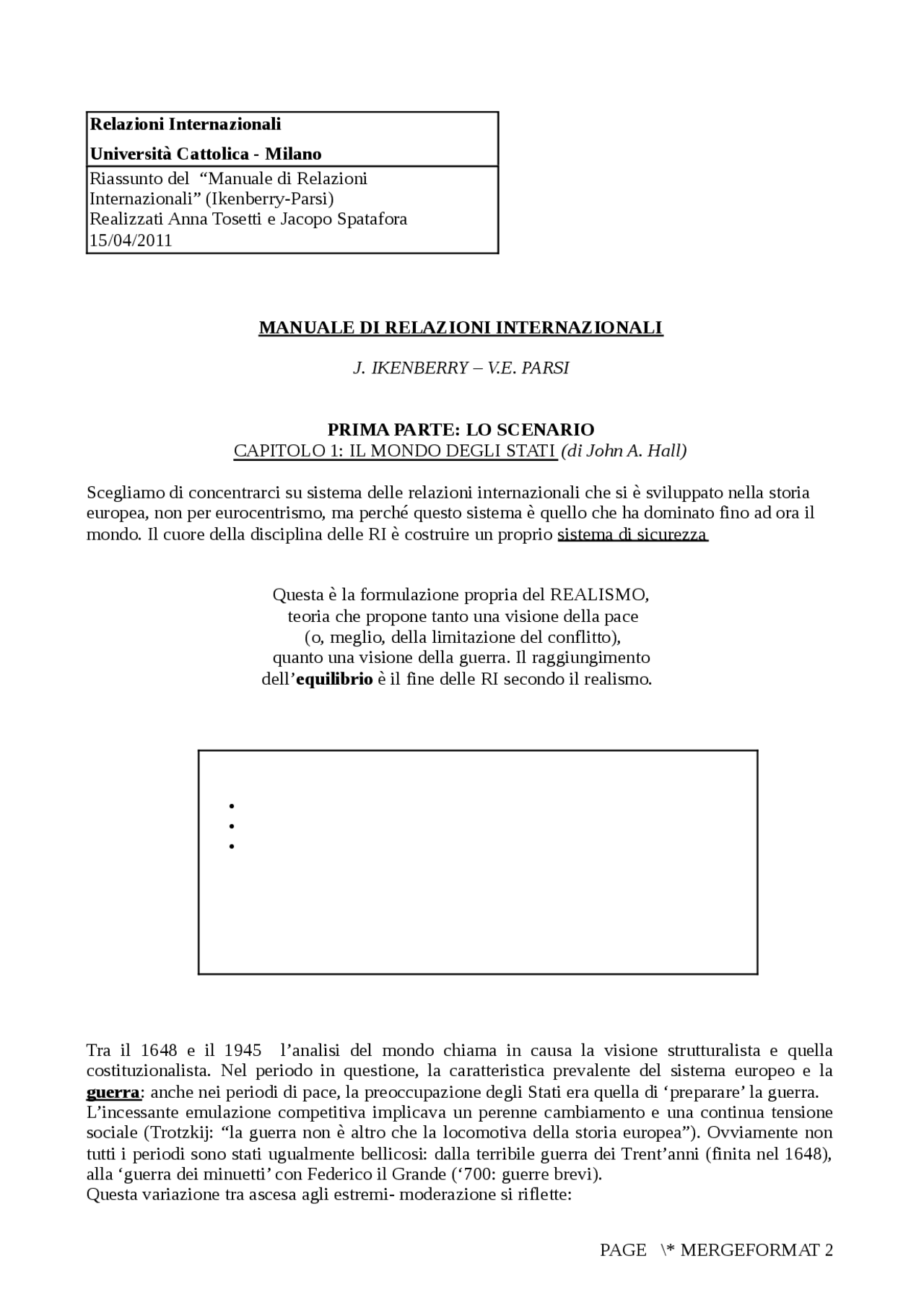 Manuale Di Relazioni Internazionali Ikenberry Parsi Docsity