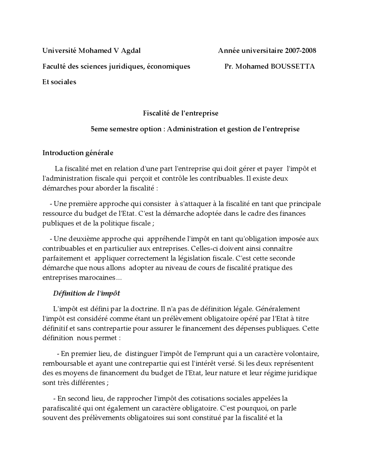 Notes Sur La Fiscalité De Lentreprise 1° Partie Docsity