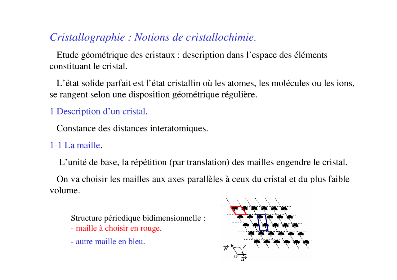 Notes Sur La Cristallographie Notions De Cristallochimie 1° Partie