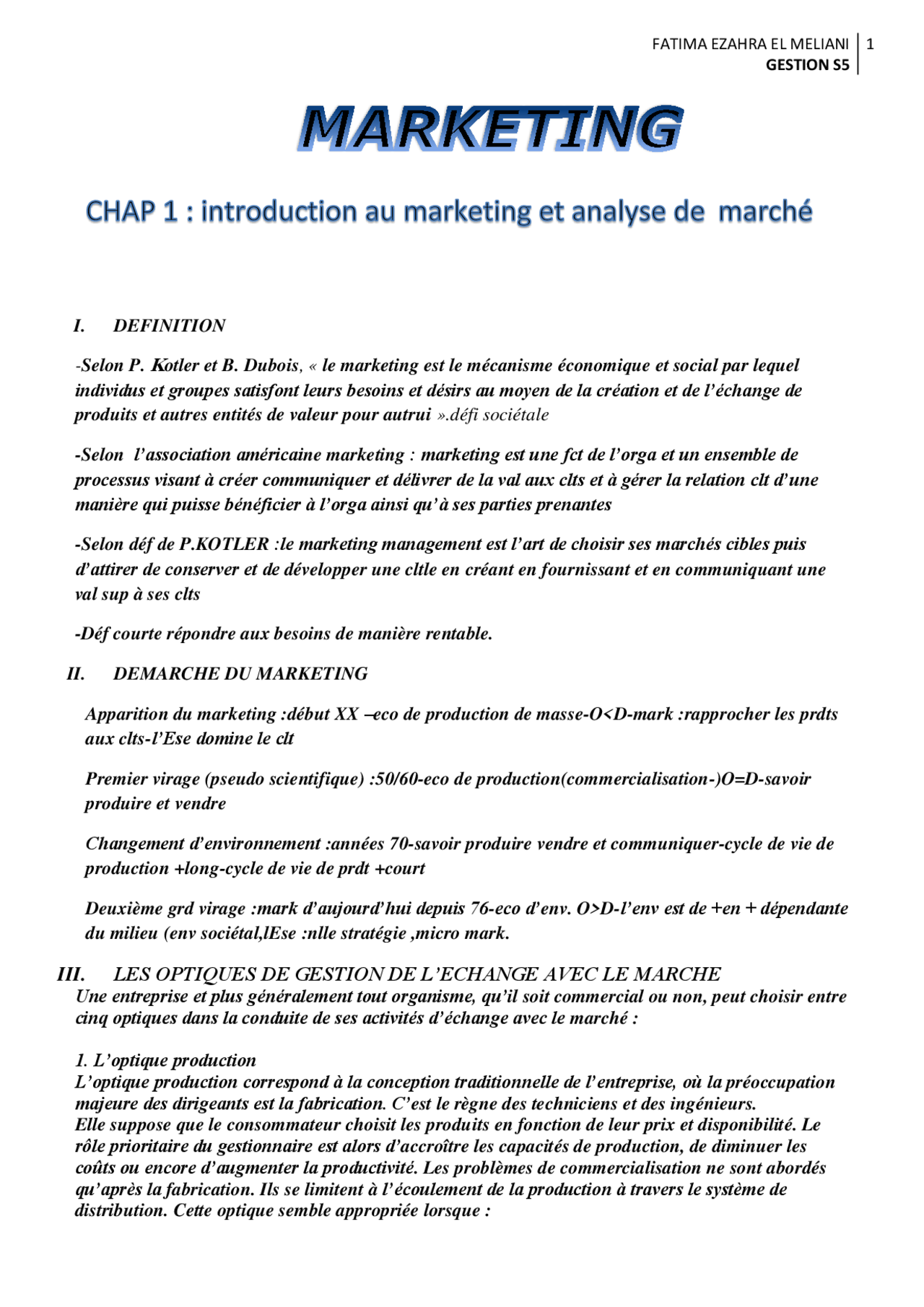 Notes Sur Le Thème Du Marketing 1° Partie Docsity