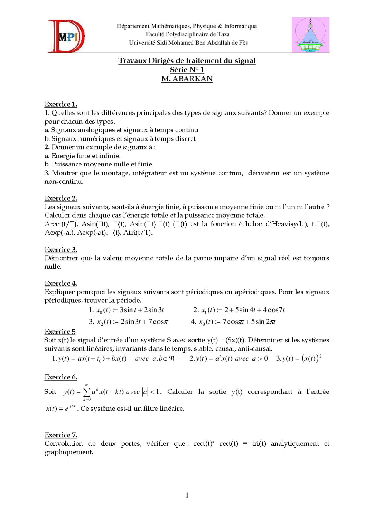 Travaux Dirigés De Traitement Du Signal Docsity