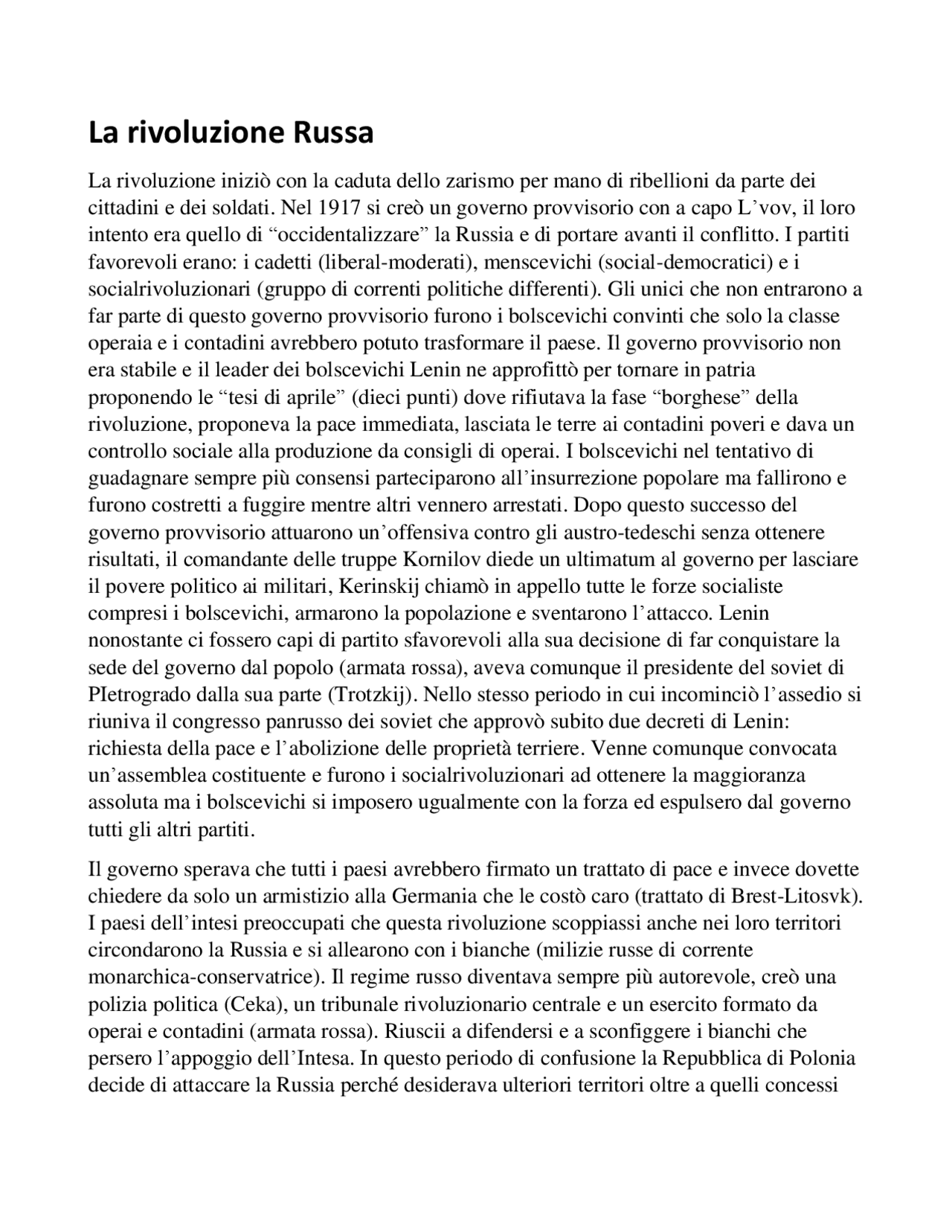 La Rivoluzione Russa Riassunto Docsity