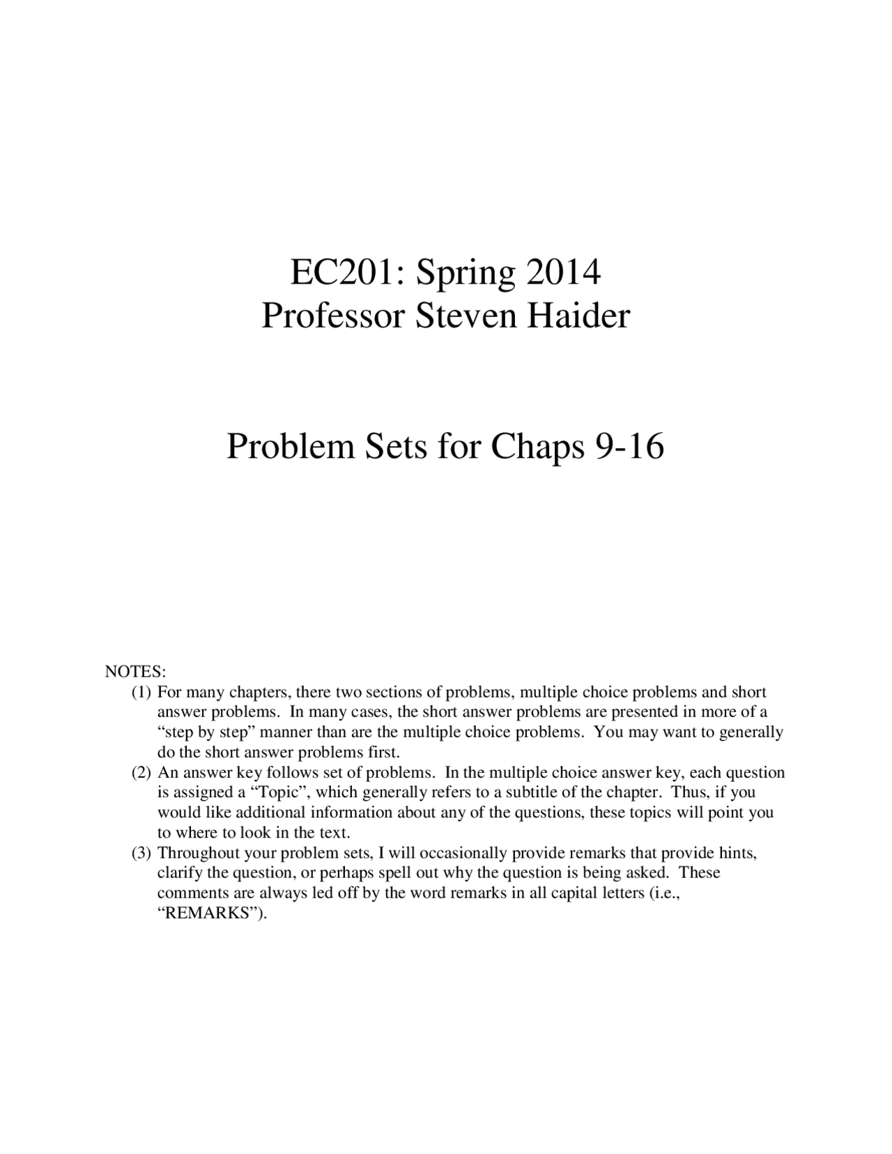 Problem Sets For Chapter Introduction To Microeconomics Ec 201