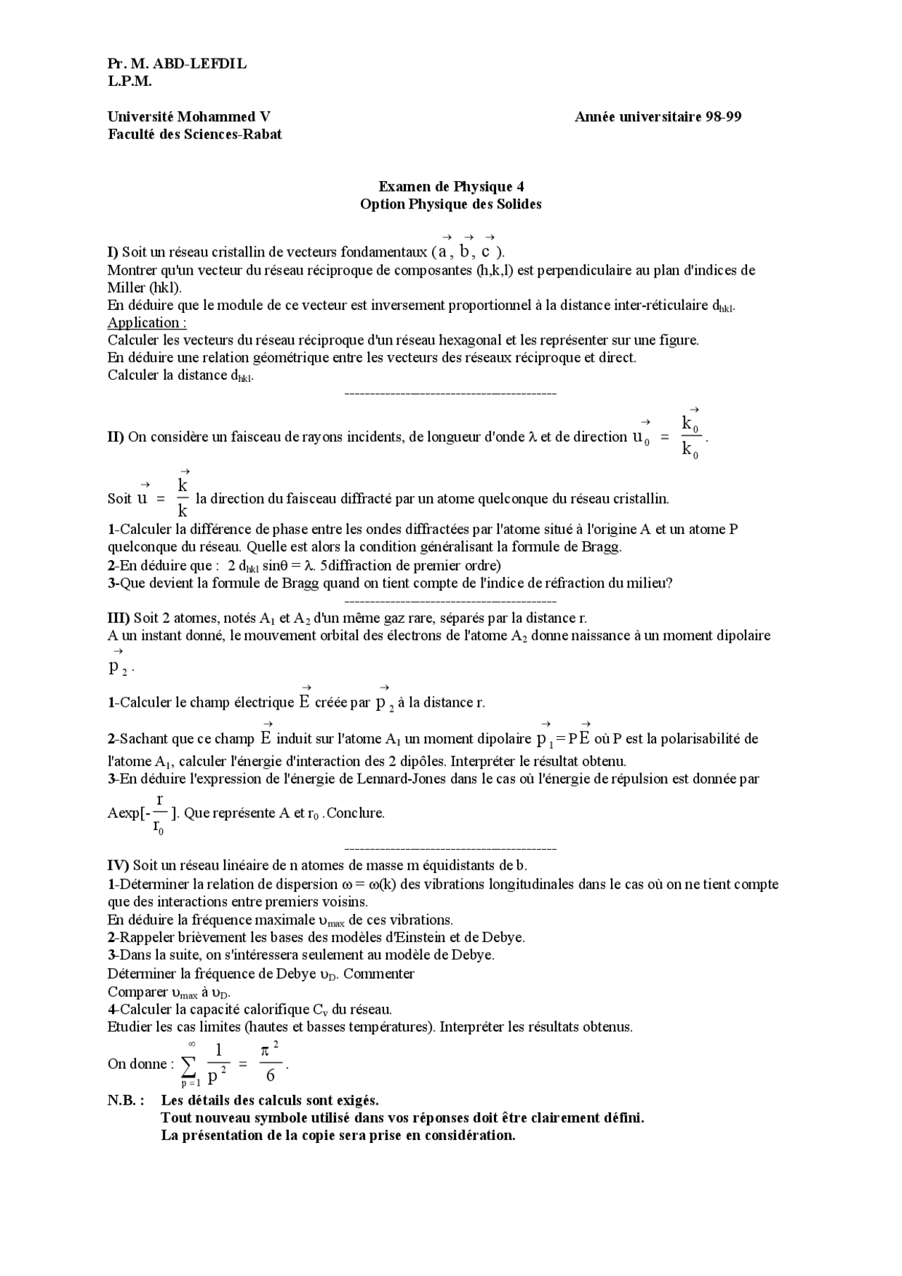 Notes Sur La Physique Des Solides Exercices 4 Docsity