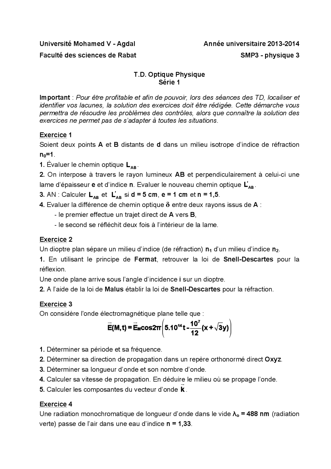Notes sur la série d'optique physique - Docsity