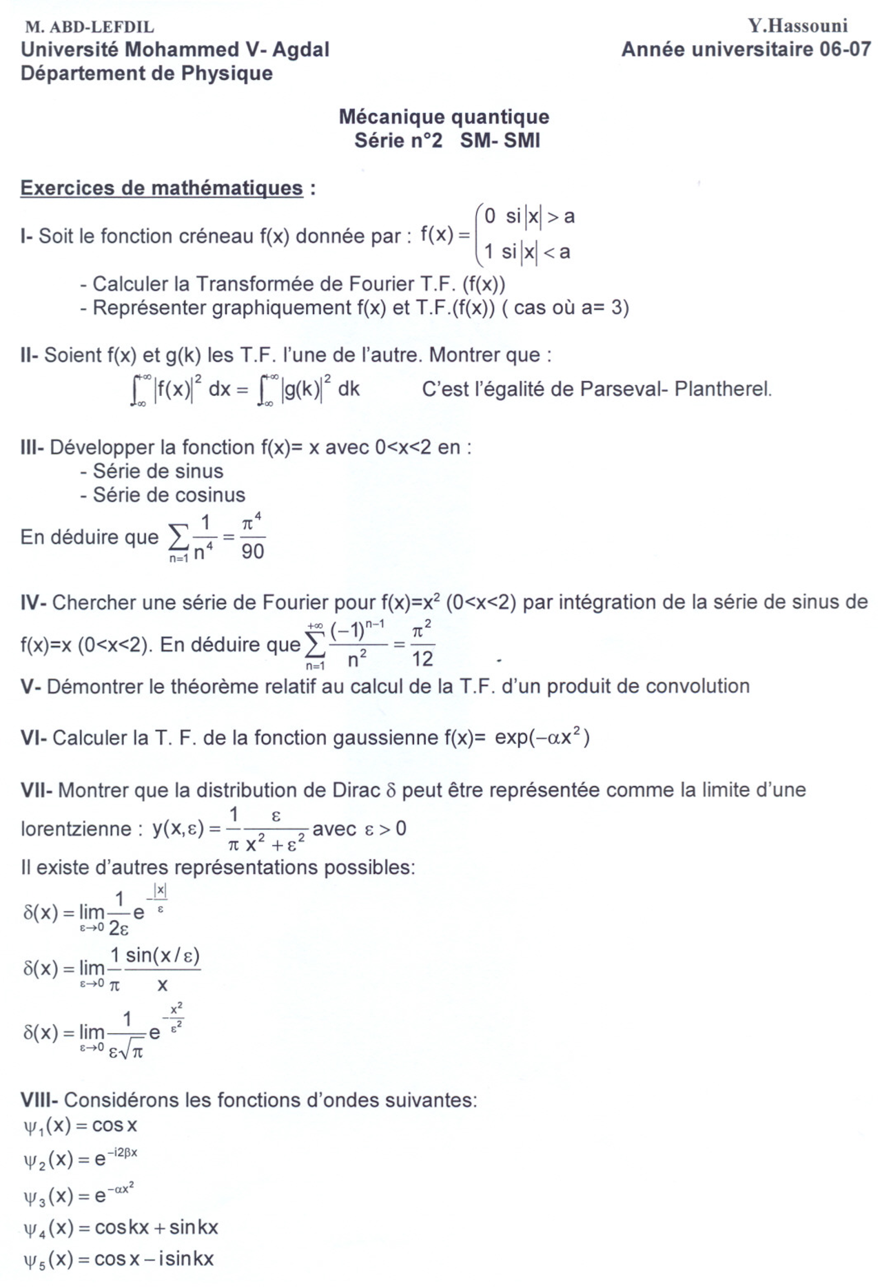 Notes De Mécanique Quantique Exercices Docsity