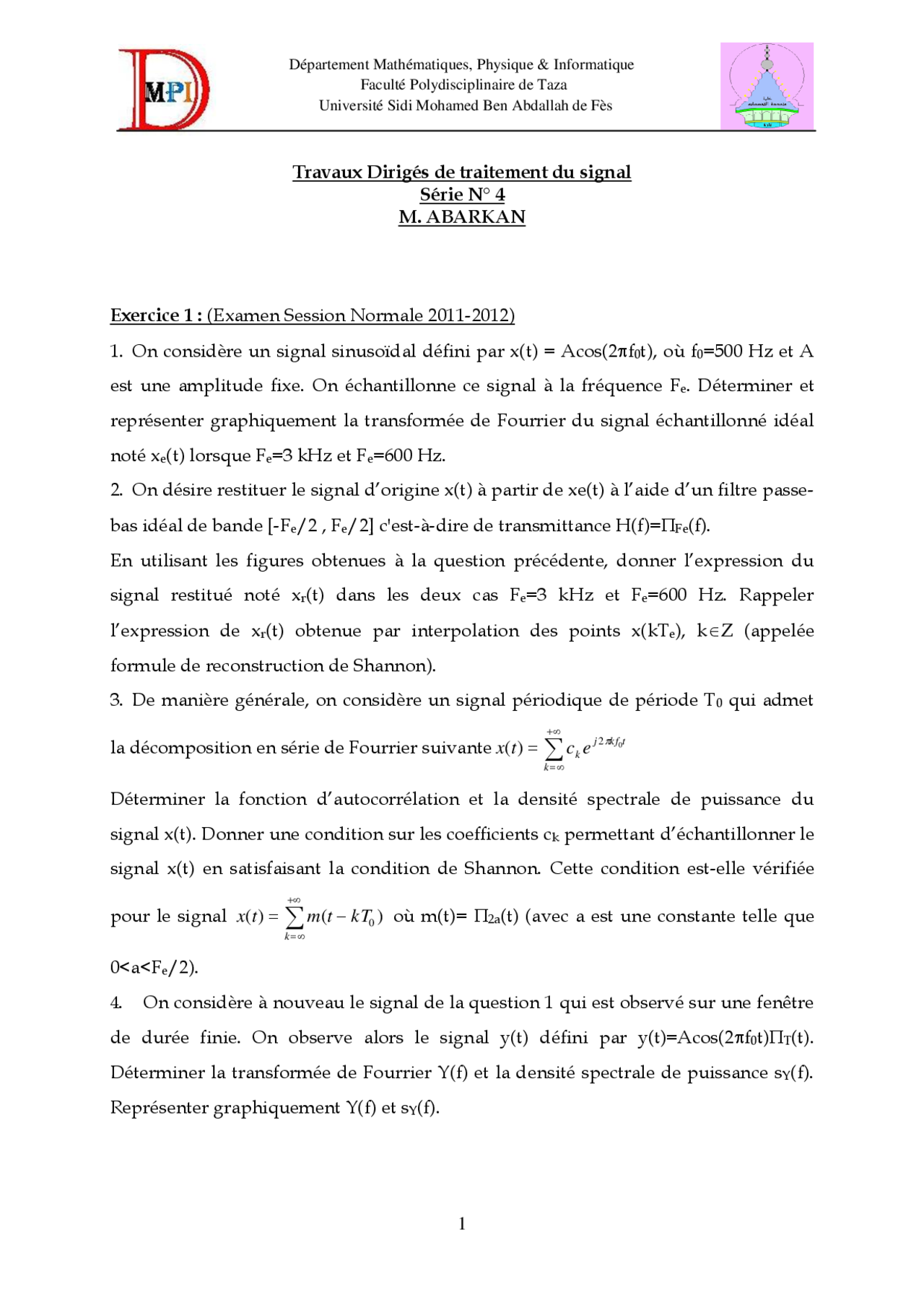 Travaux Dirigés De Traitement Du Signal 4 Notes Physique Docsity