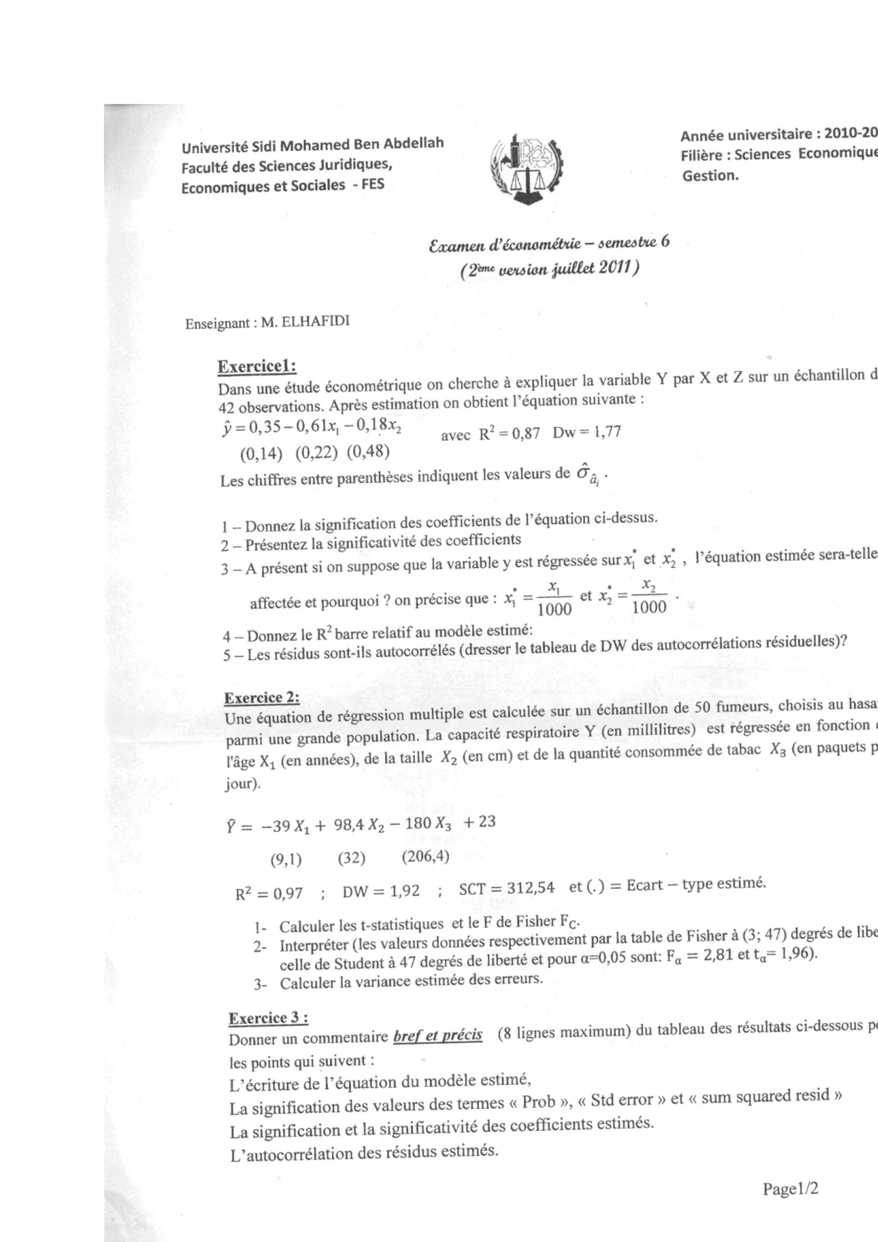 Notes Sur Léconométrie Exercices Docsity