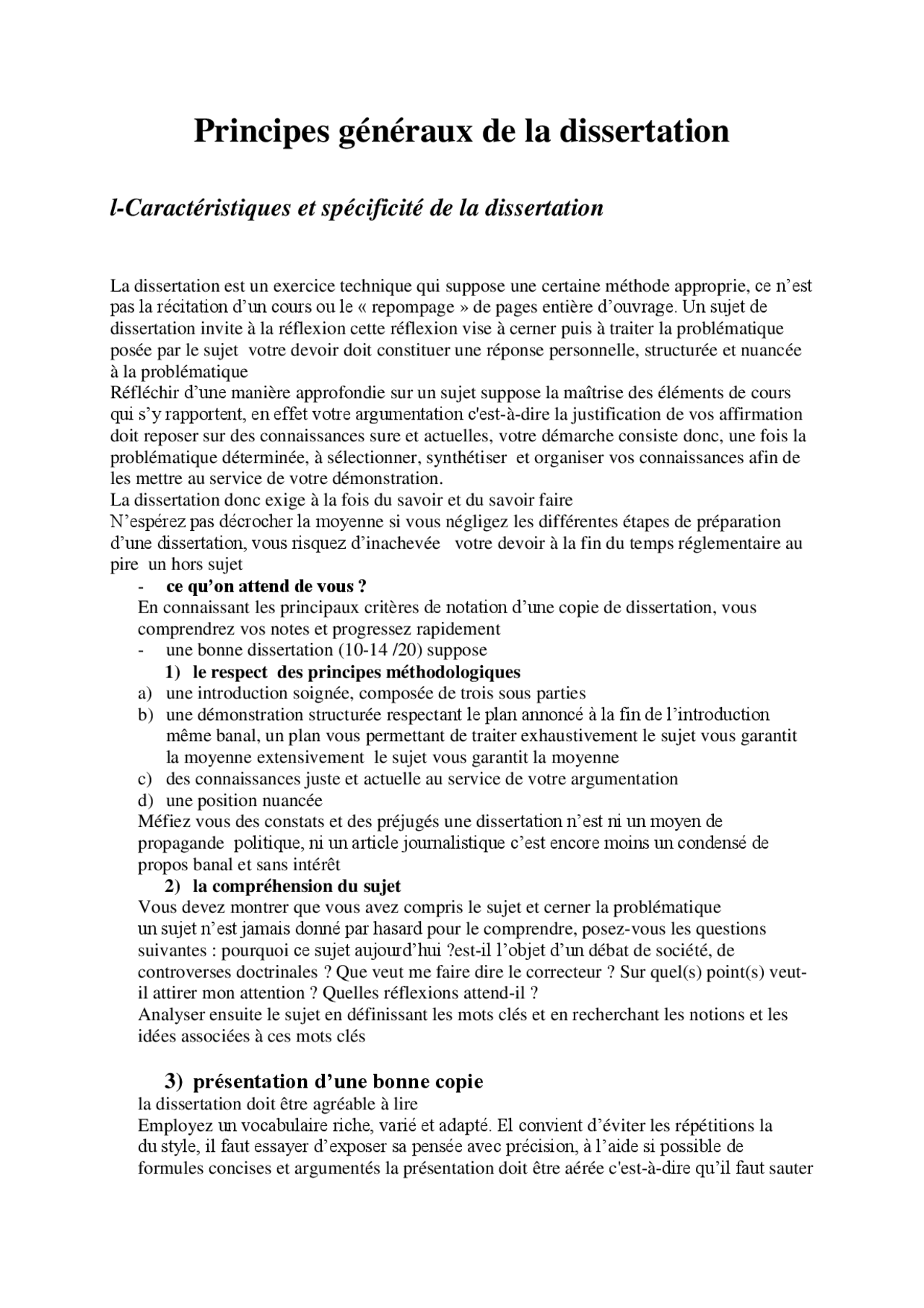 Notes Sur Les Principes Généraux De La Dissertation Docsity
