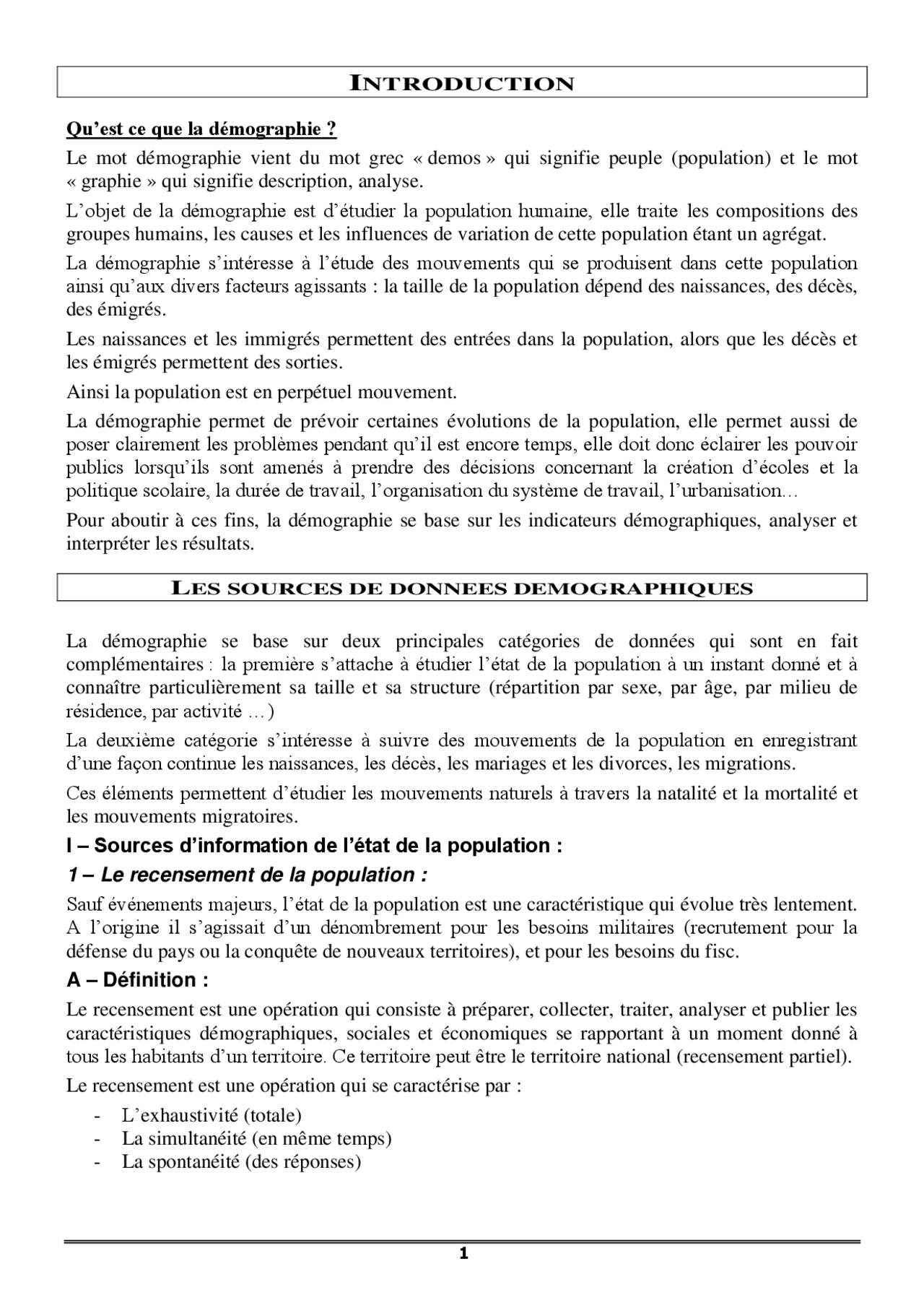 Notes sur la démographie - Docsity
