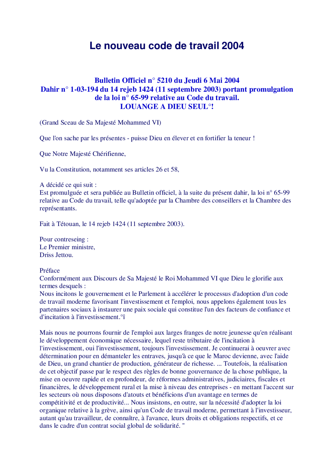 Notes Sur Le Nouveau Code De Travail 2004 1° Partie Docsity