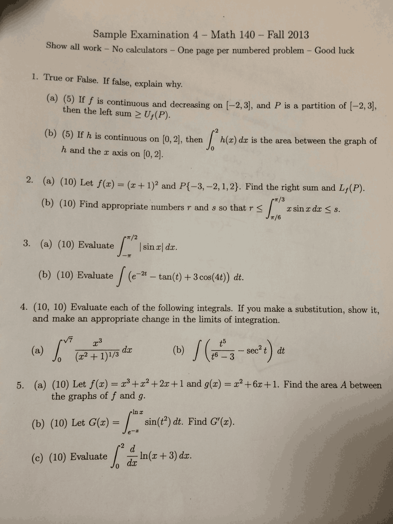 Calculus I Sample Examination 4 Fall 2013 Math 140 Docsity