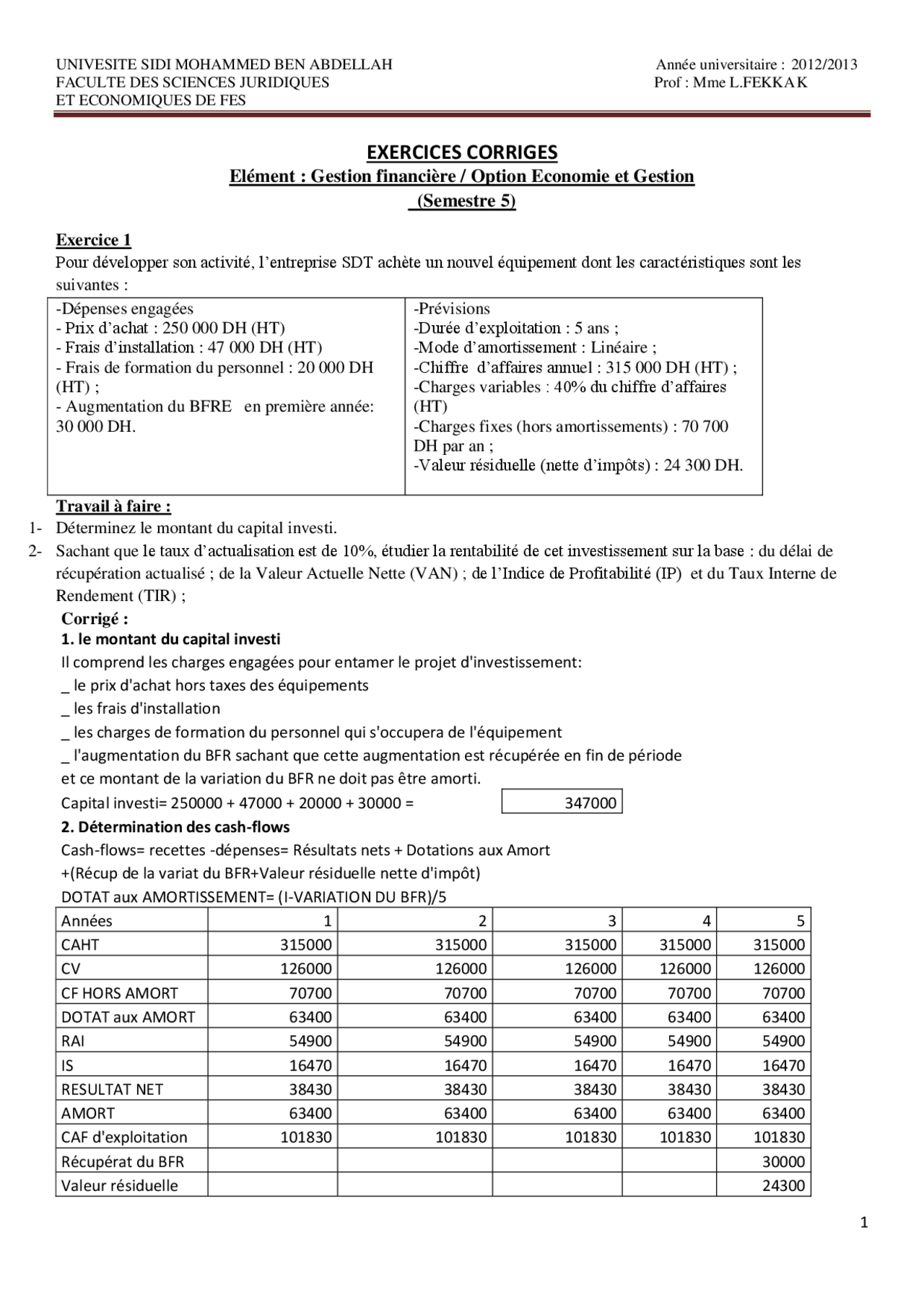 Exercices de gestion financière / option économie - correction ...
