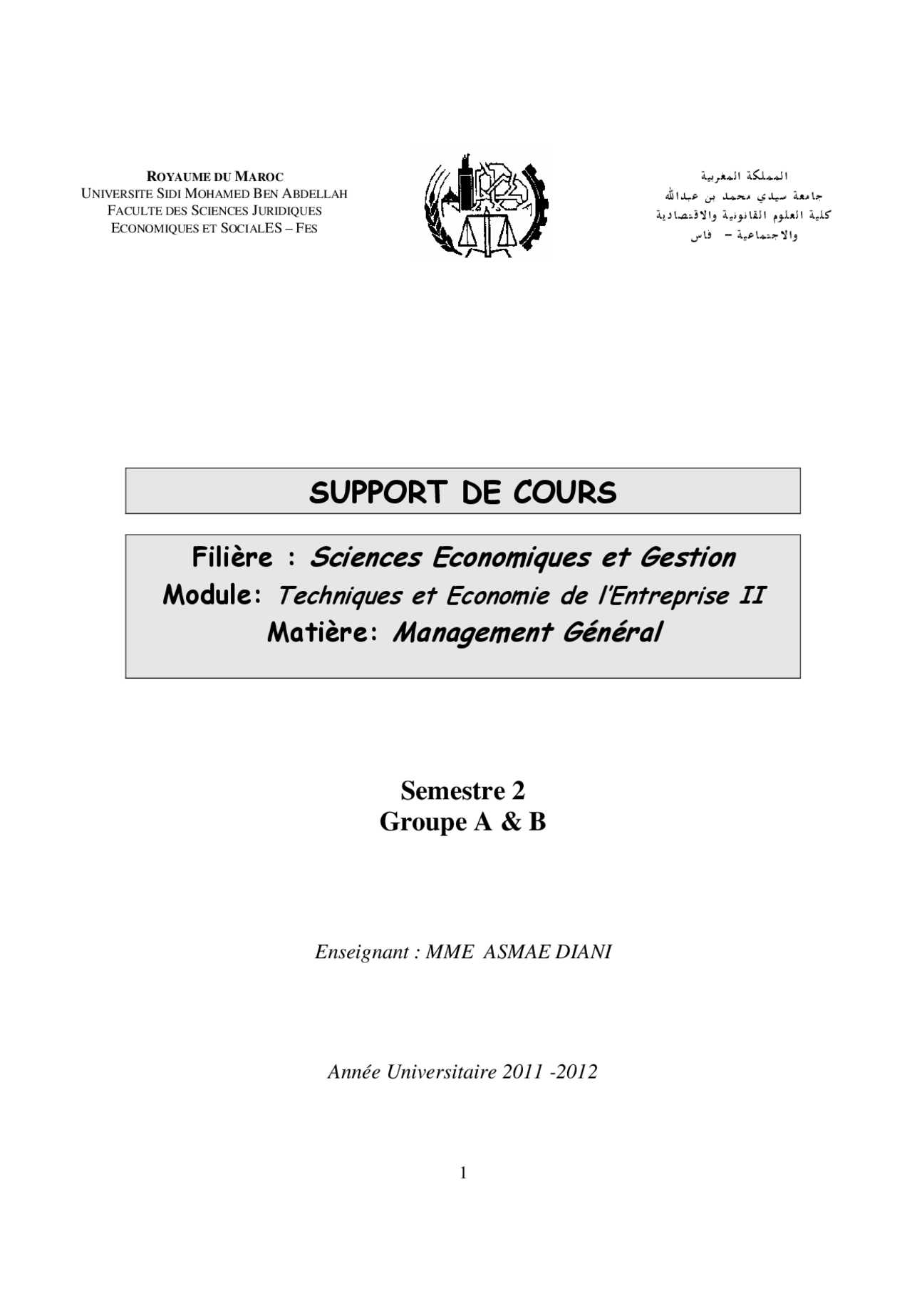 Notes Sur Le Management Général 1° Partie Notes Économie Docsity