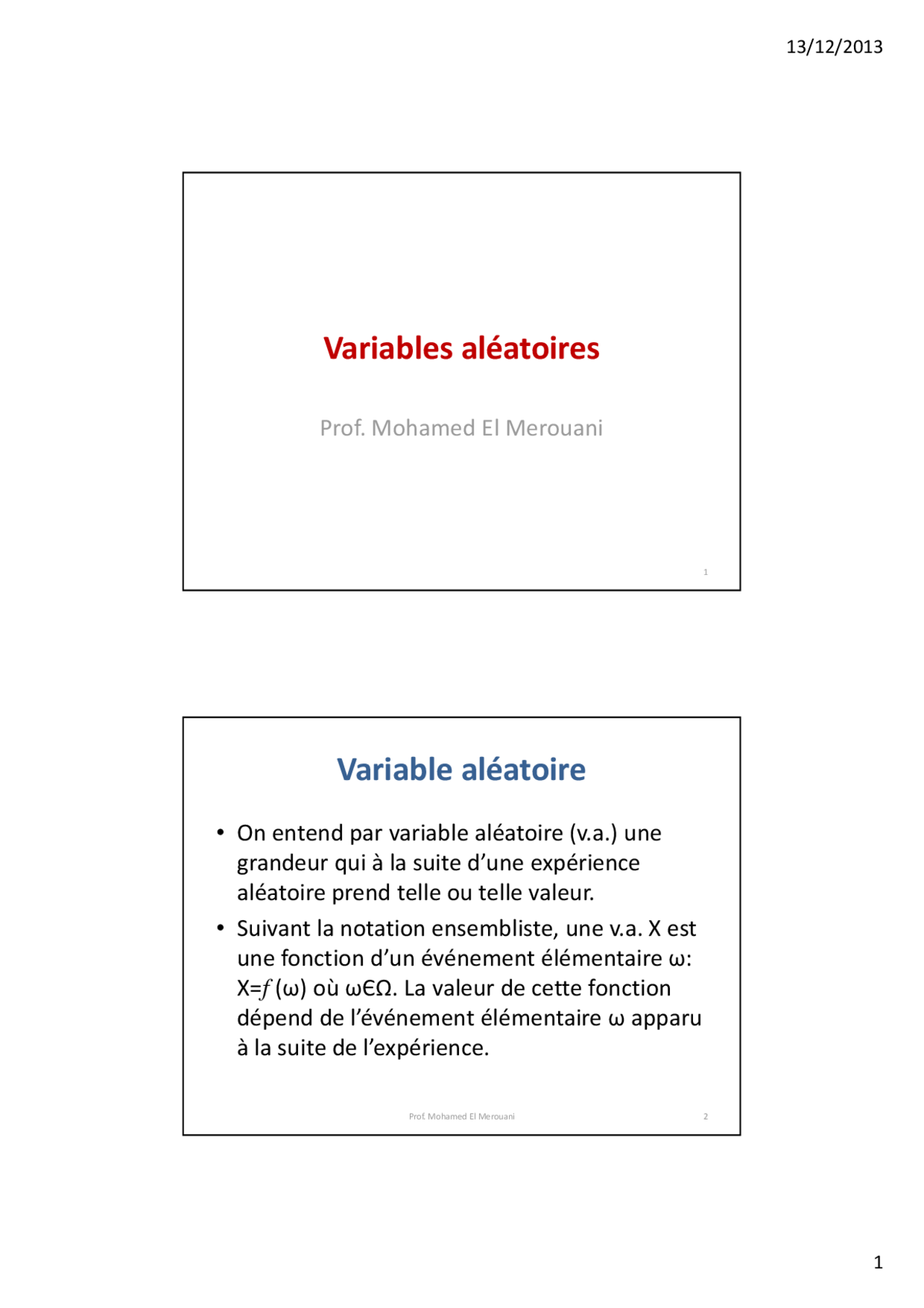 Notes Sur Les Variables Aléatoires 1° Partie Docsity