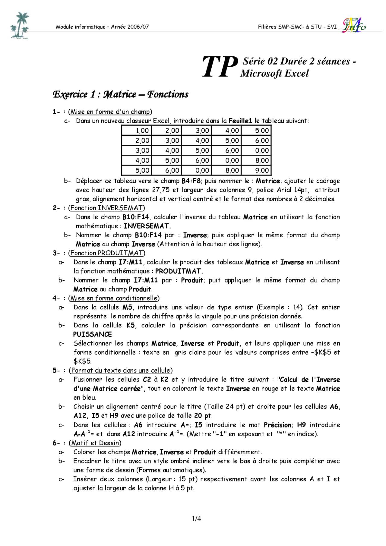 Exercices Sur Le Programme Microsoft Excel Docsity