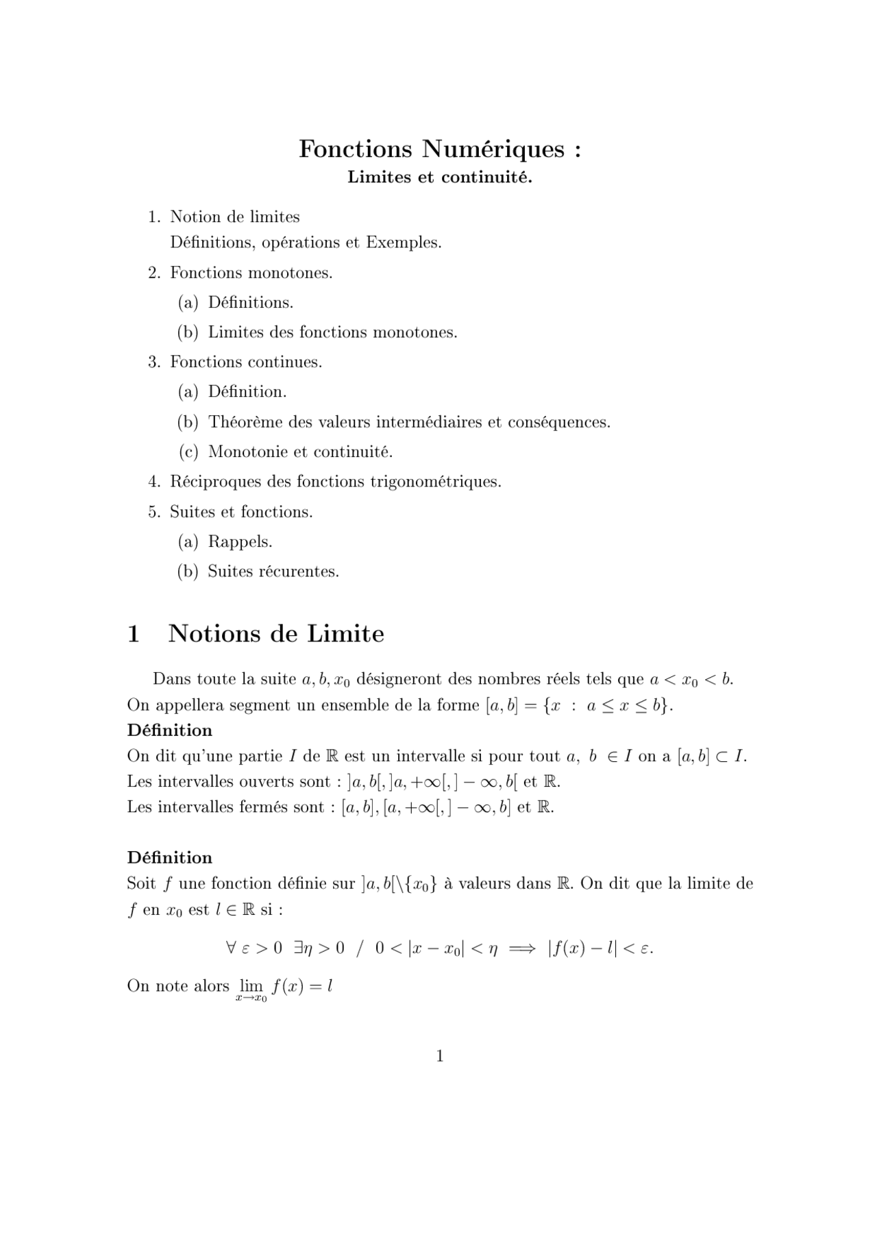Notes Sur Les Fonctions Numériques 1° Partie Docsity