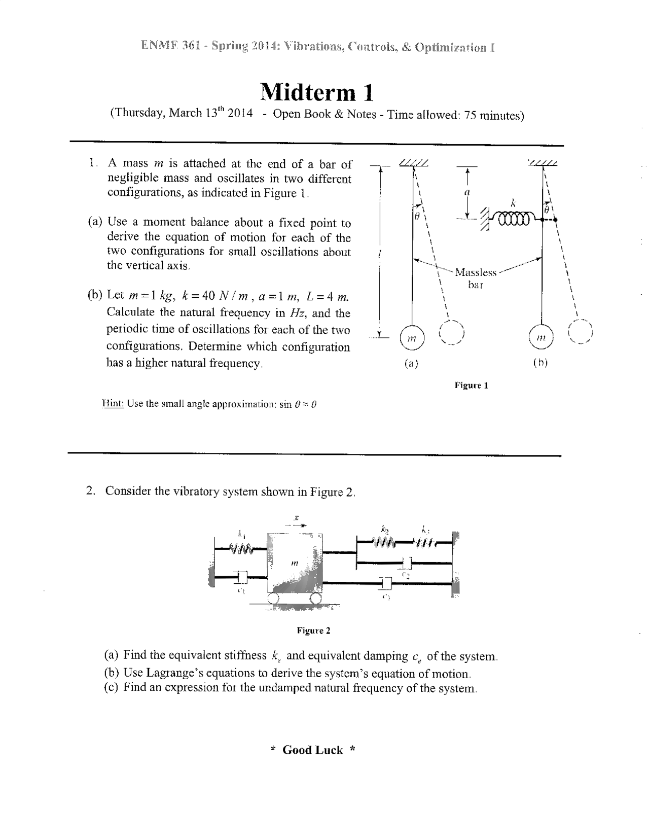 Problems For Midterm Exam 1 Vibration Controls And Optimization I
