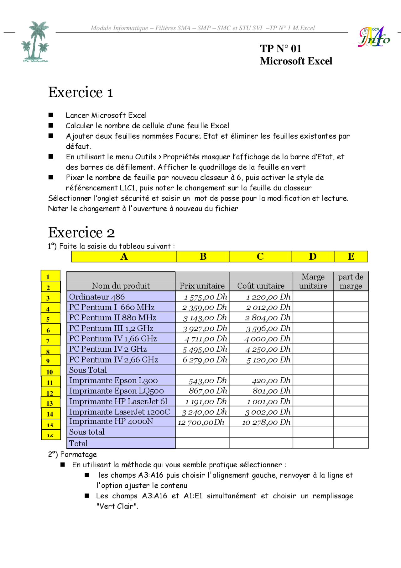 Exercices Sur Microsoft Excel 5 Docsity