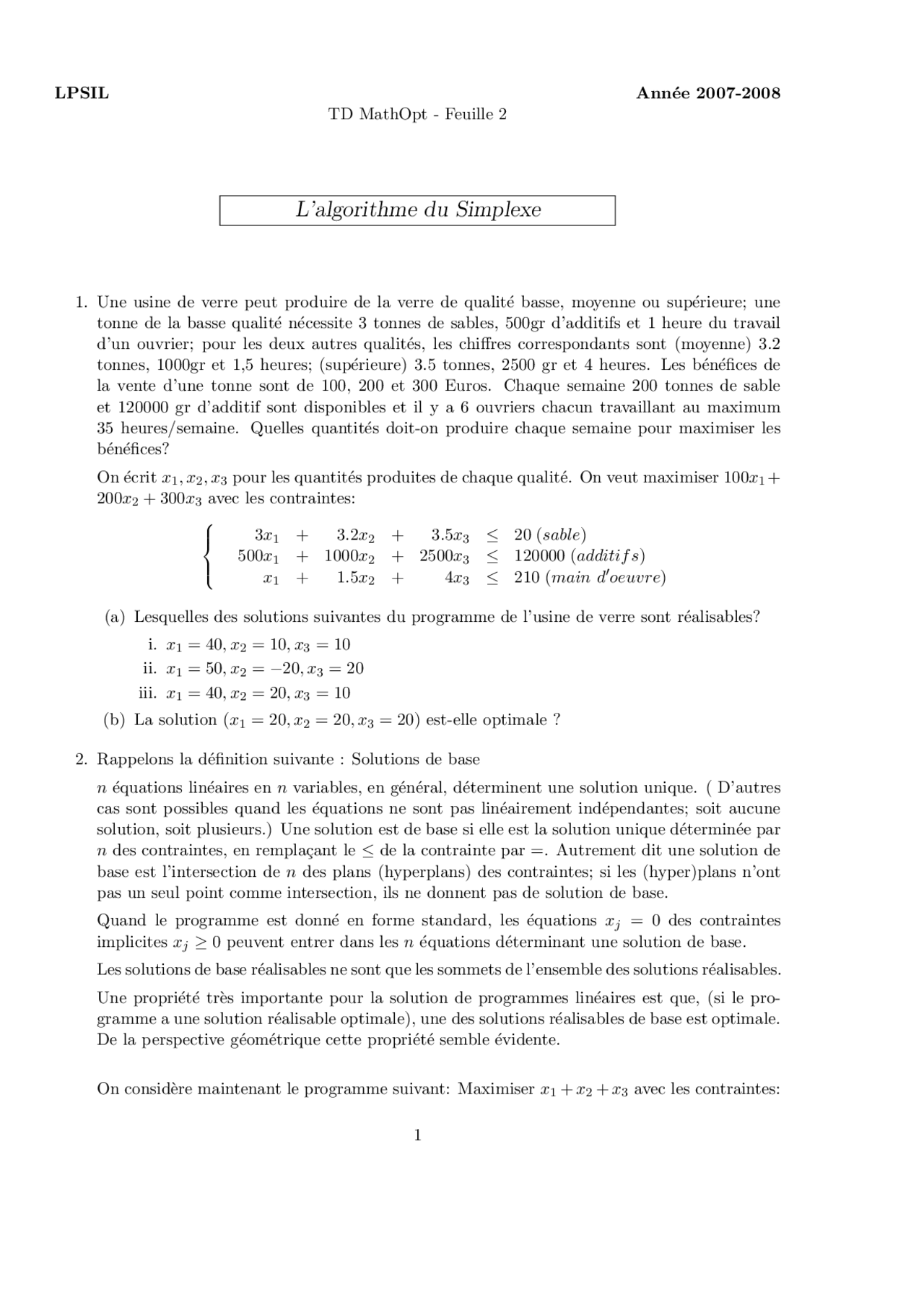 Exercices sur l'algorithme du Simplexe | Examens Économie | Docsity