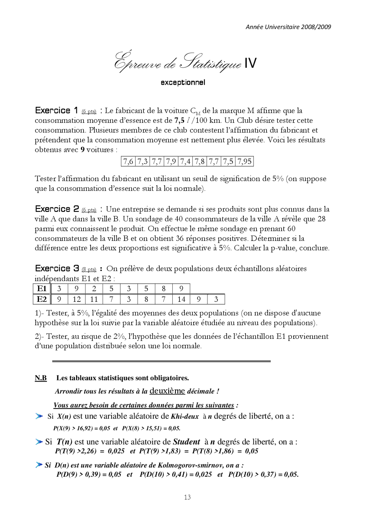 Examen De Statistique 2° Partie Docsity