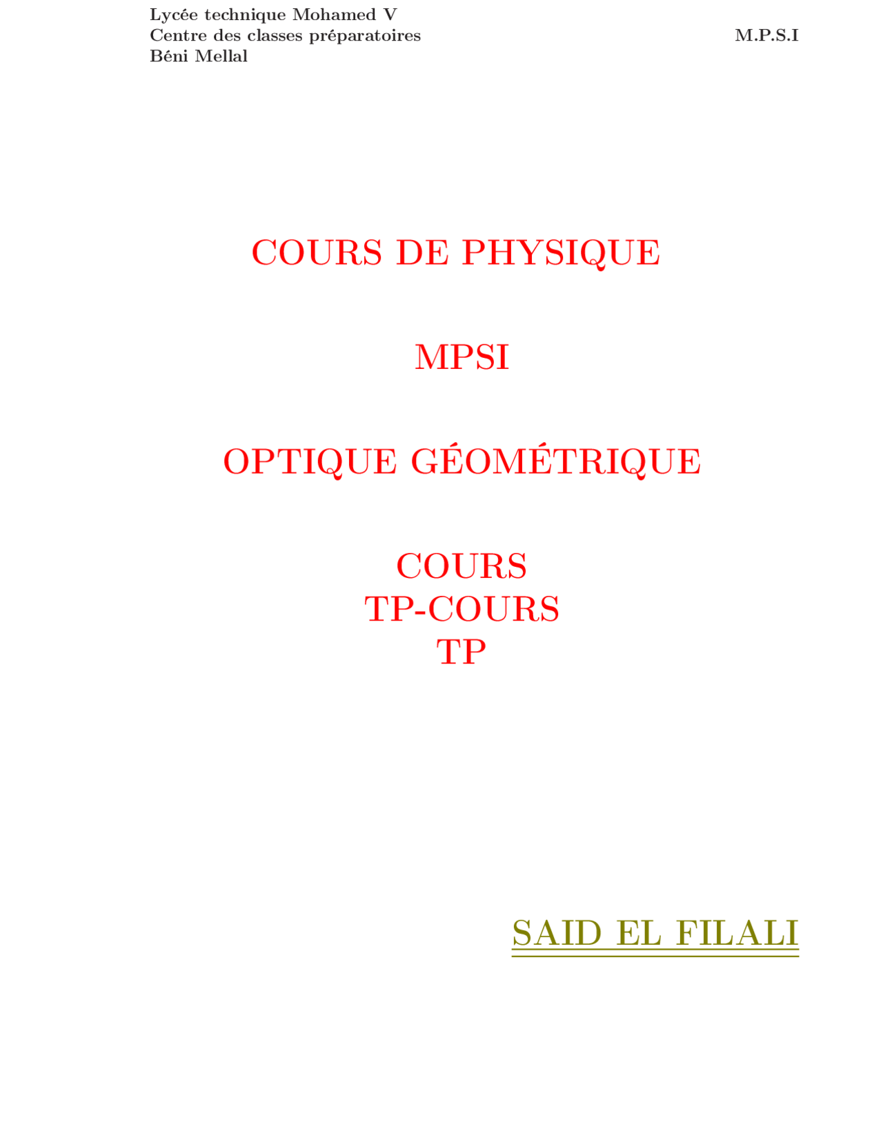 Notes Sur Loptique Géométrique 1° Partie Docsity