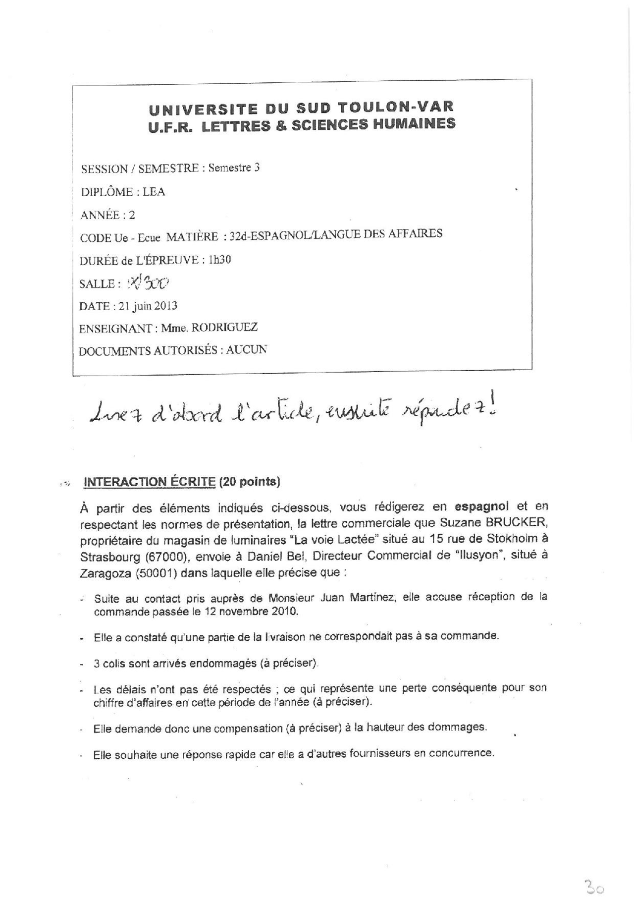 Examen De Langue Espagnole 1 Docsity