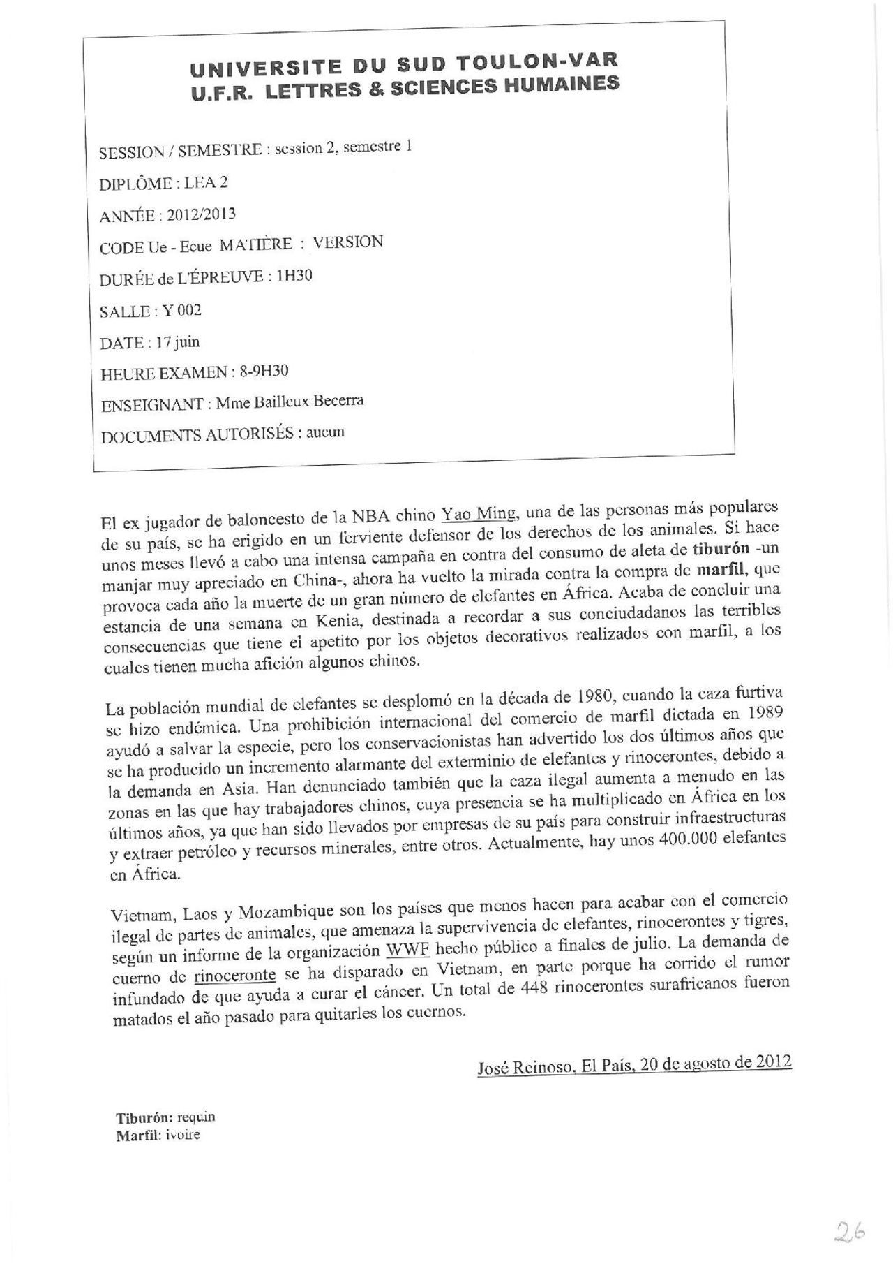 Examen Sur La Langue Espagnole Docsity