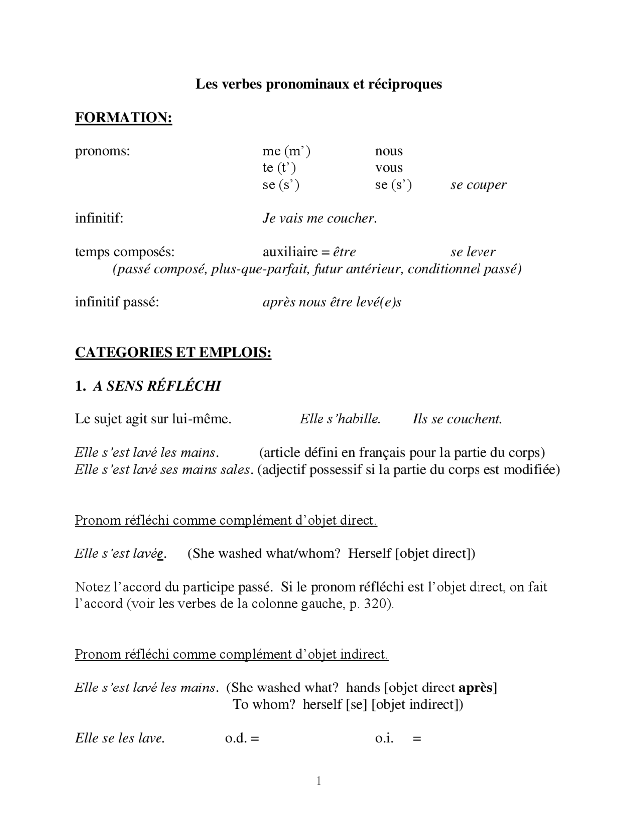 Notes sur les verbes pronominaux et réciproques - Docsity