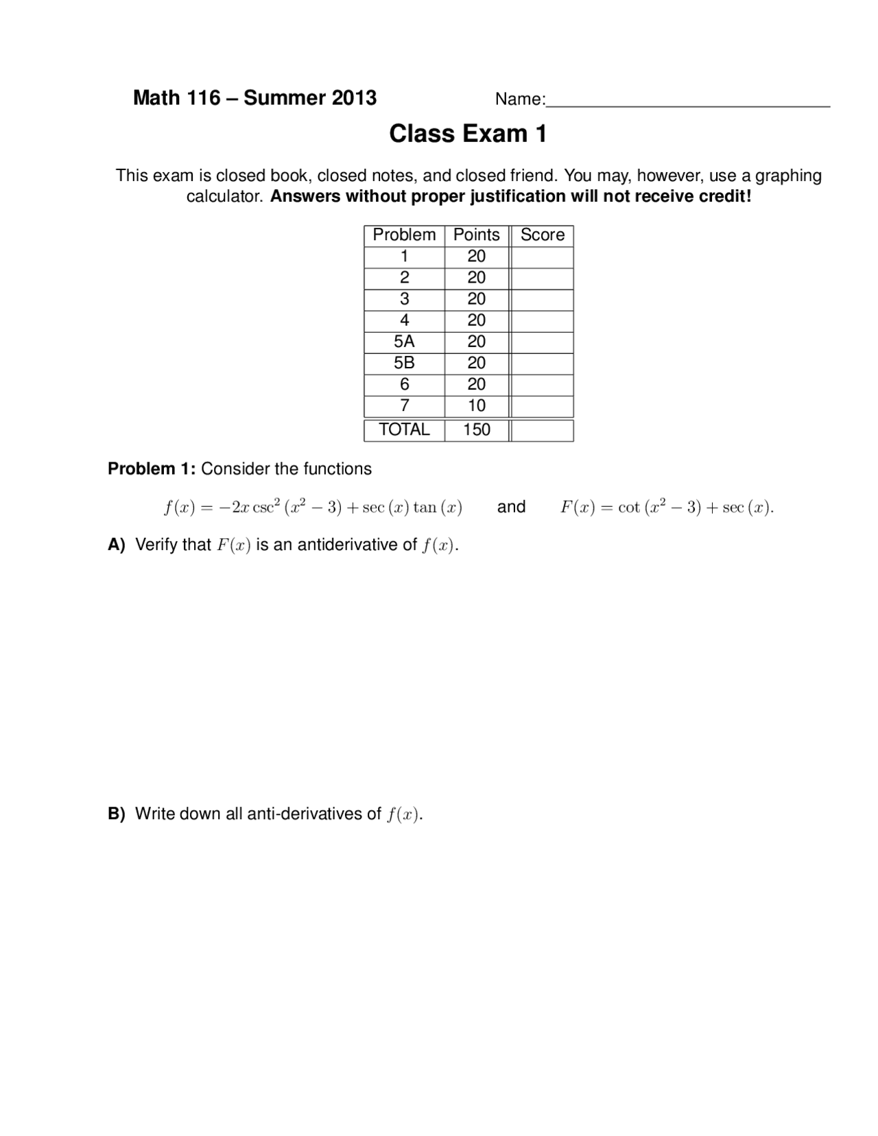 Calculus II - 7 Problems in Exam 1 - 2013 | MATH 116 - Docsity