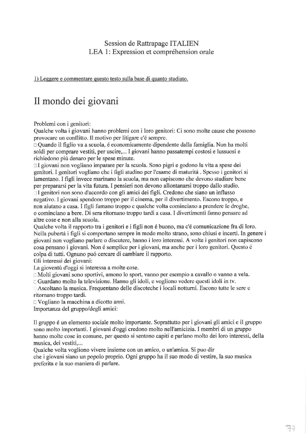Examen Ditalien 9 Examens Langue Française Docsity