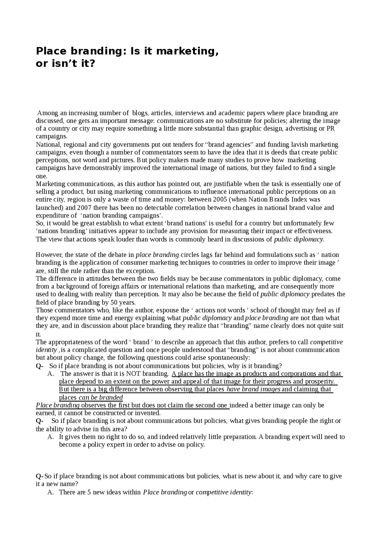 Riassunto Place Branding And Public Diplomacy Docsity