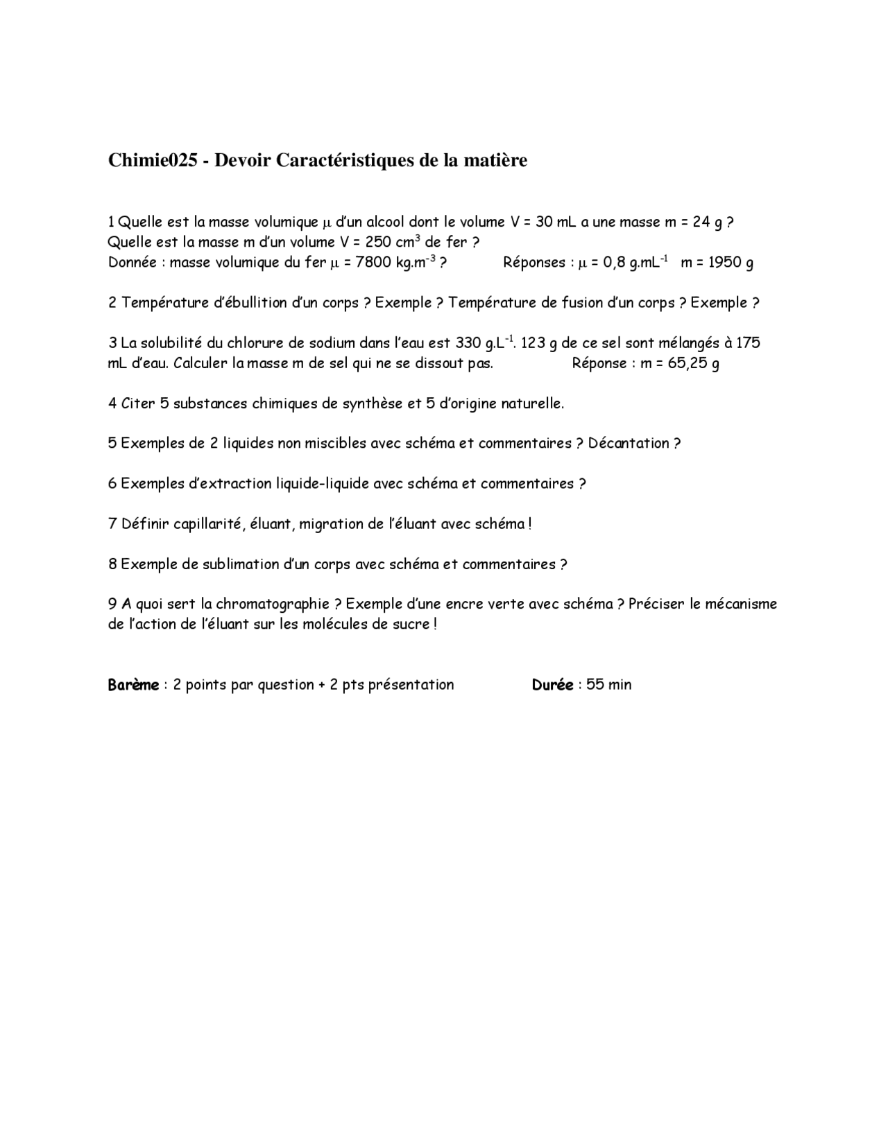 Exercices Sur Les Caractéristiques De La Matière Docsity