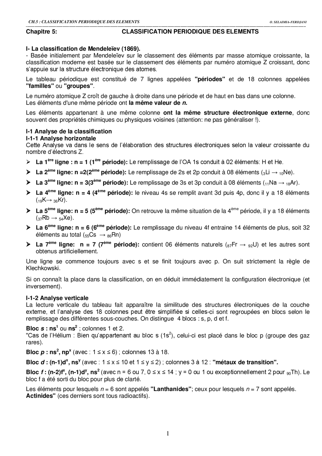 Notes Sur La Classification Périodique Des éléments Docsity