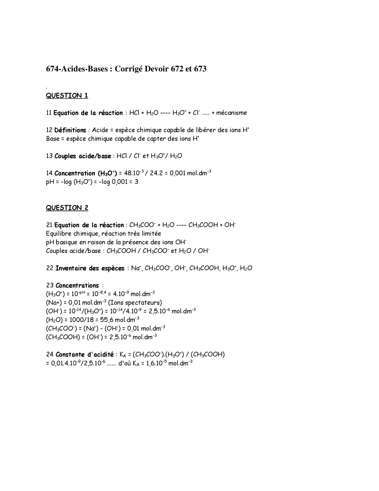 Exercices Sur Les Acides Bases Correction Exercices Chimie Docsity