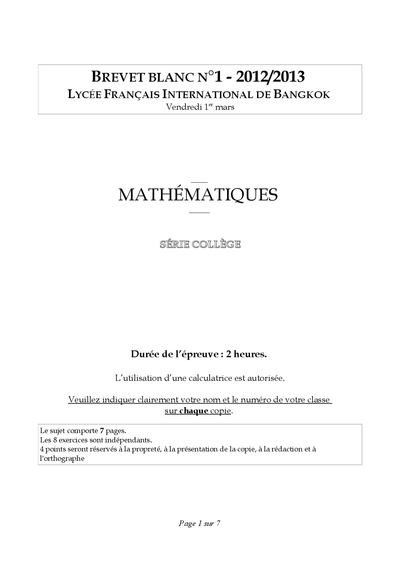Examen De Mathématique Docsity