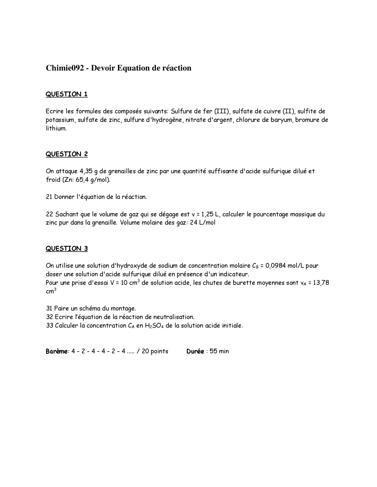 Exercices Sur Léquation De Réaction Docsity