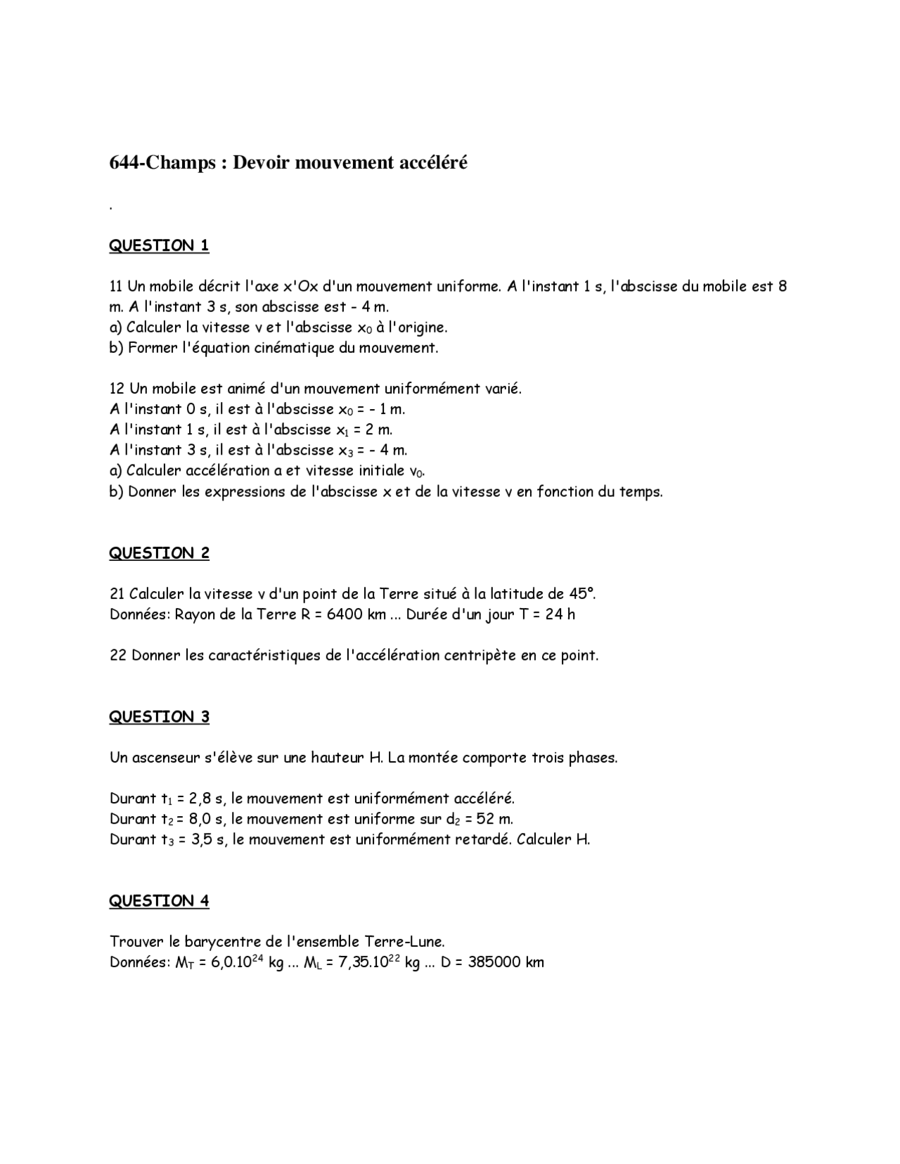 Exercices Sur Les Champs Devoir Mouvement Accéléré Docsity