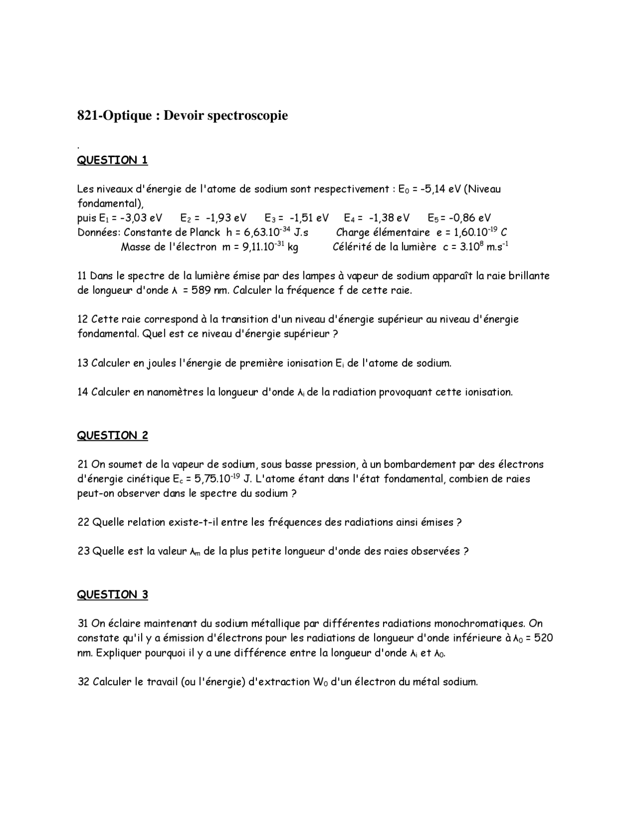 Exercices sur l'optique : devoir spectroscopie - Docsity
