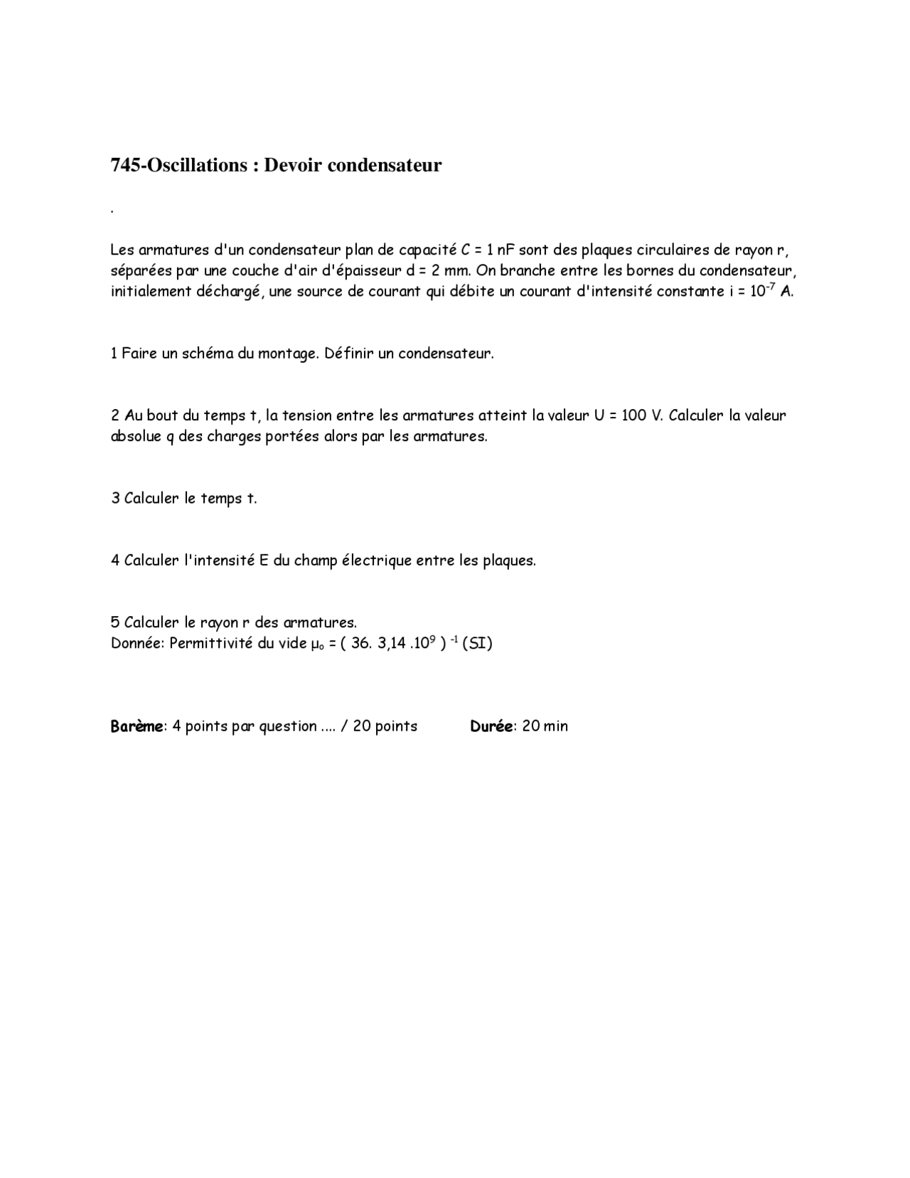 Exercices Sur Les Oscillations Devoir Condensateur Docsity