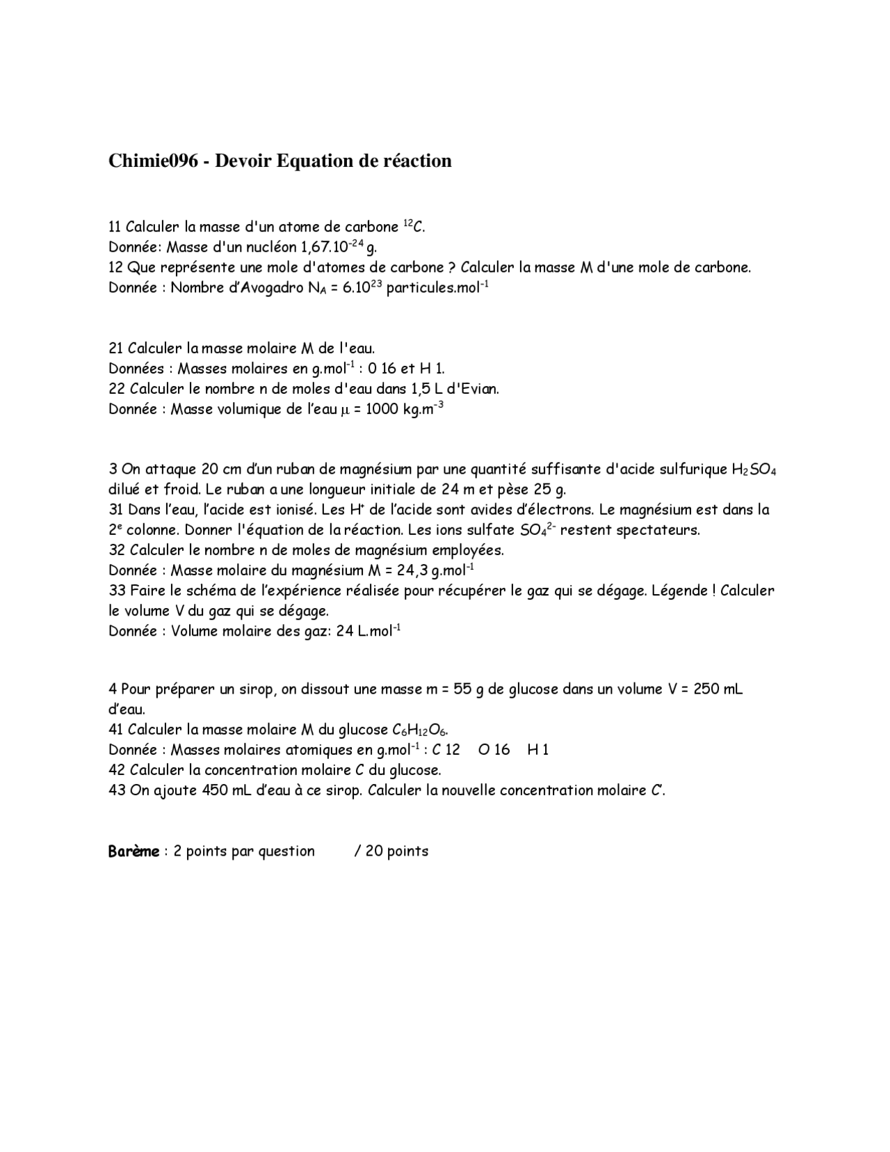 Exercices Sur Léquation De Réaction 3 Docsity