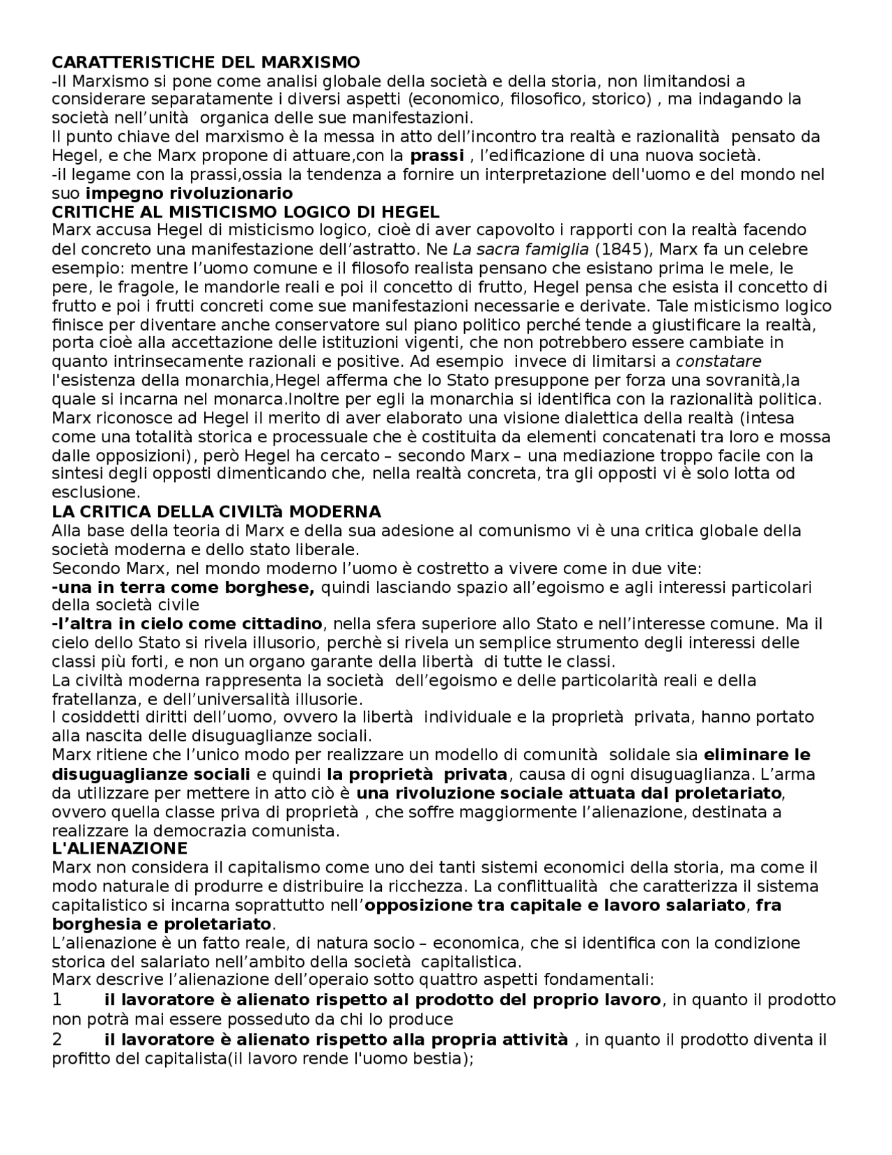 Riassunto Sui Principali Concetti Di Marx Docsity