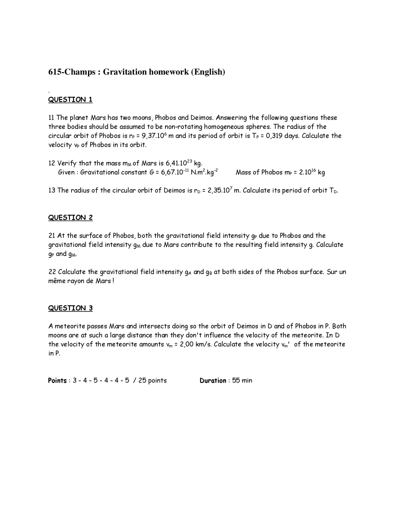 Exercices Sur Les Champs Gravitation Homework Docsity