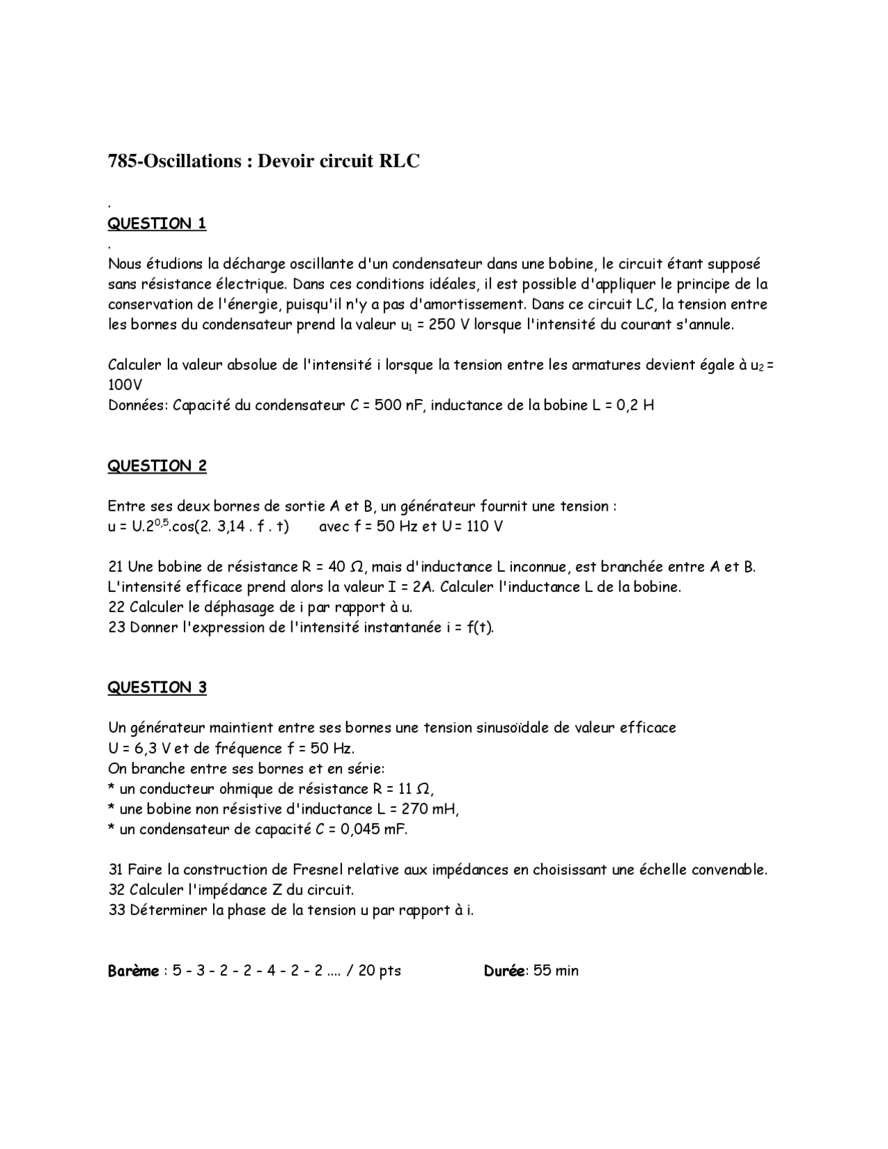 Exercices Sur Les Oscillations Devoir Circuit Rlc Docsity