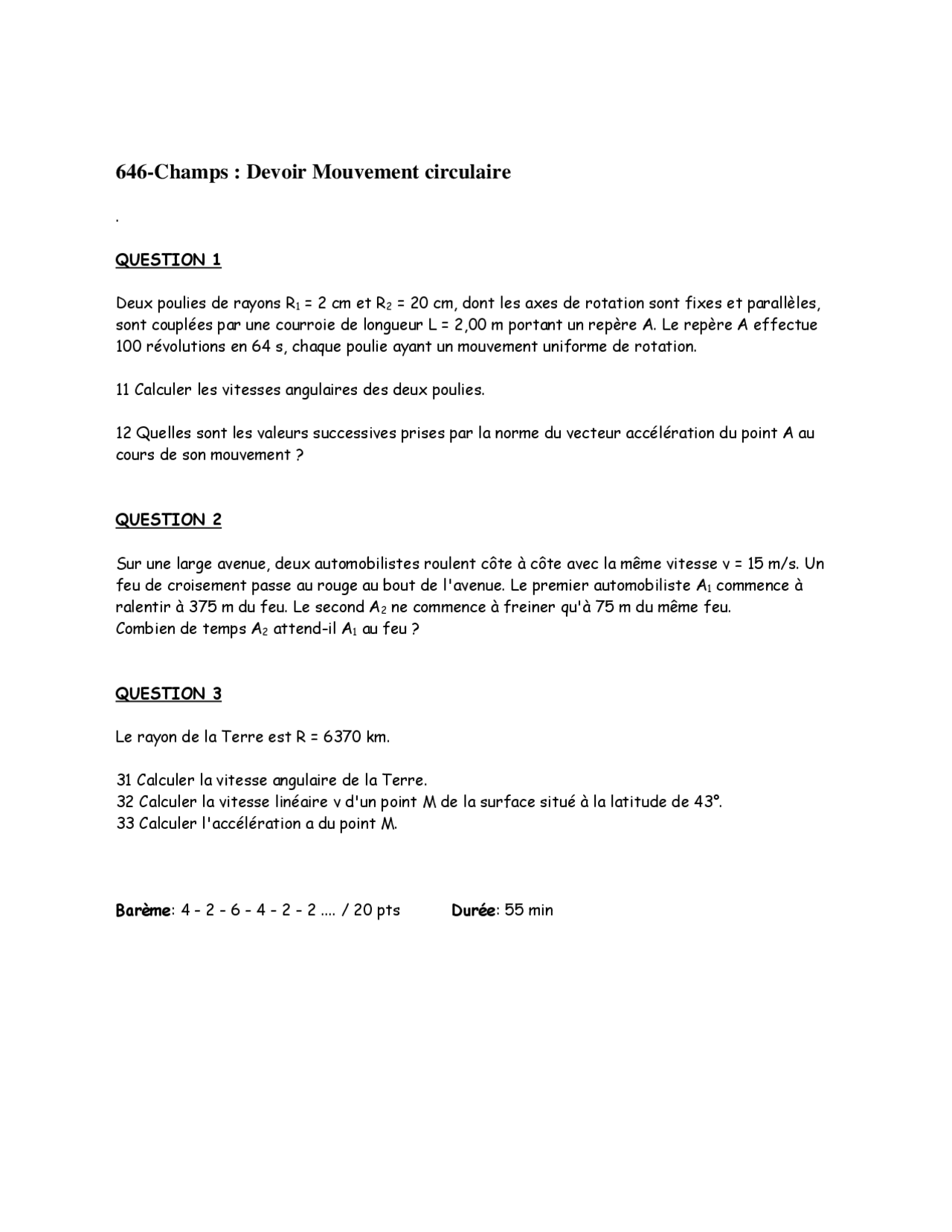 Exercices Sur Les Champs Devoir Mouvement Circulaire Docsity