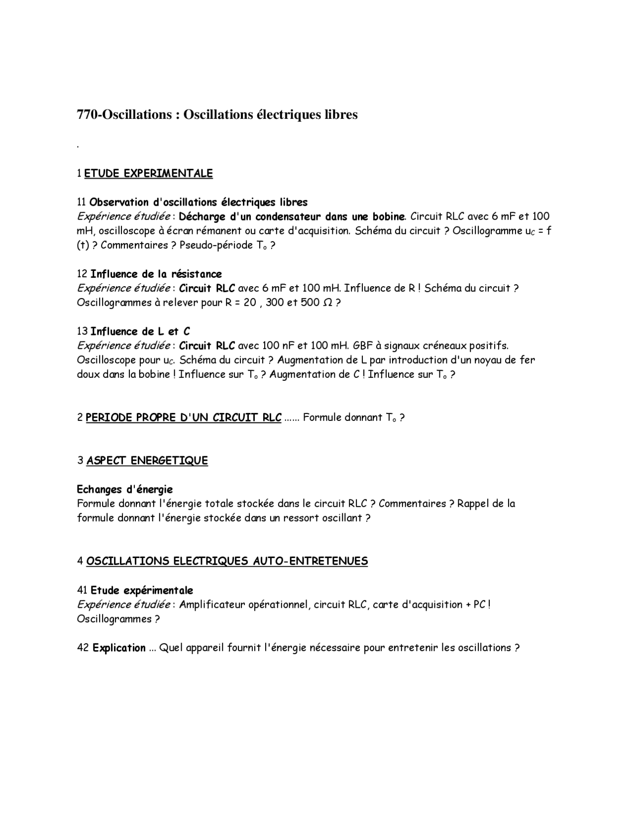 Exercices Sur Les Oscillations Oscillations électriques Libres